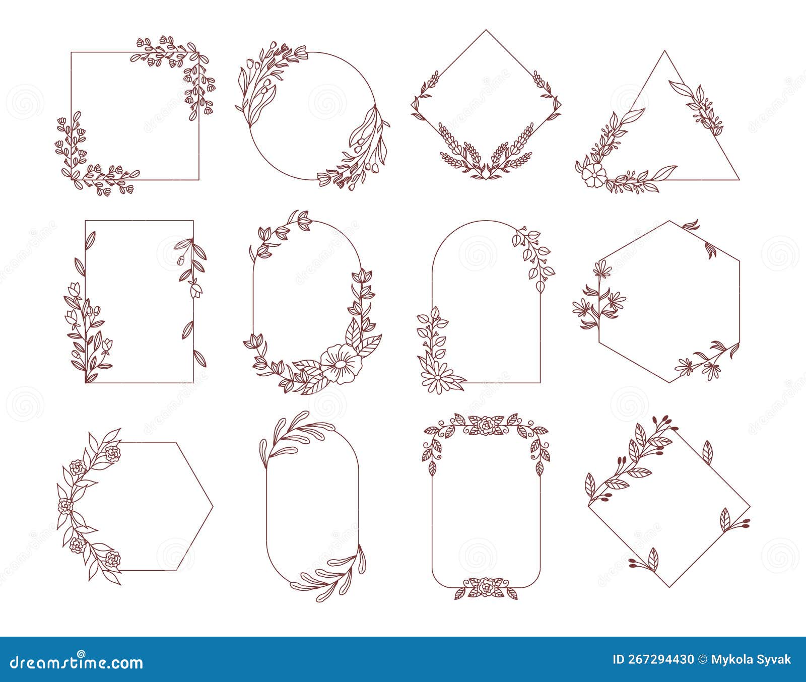 Set of Floral Frames, Elegant Linear Borders with Flowers and Leaves ...