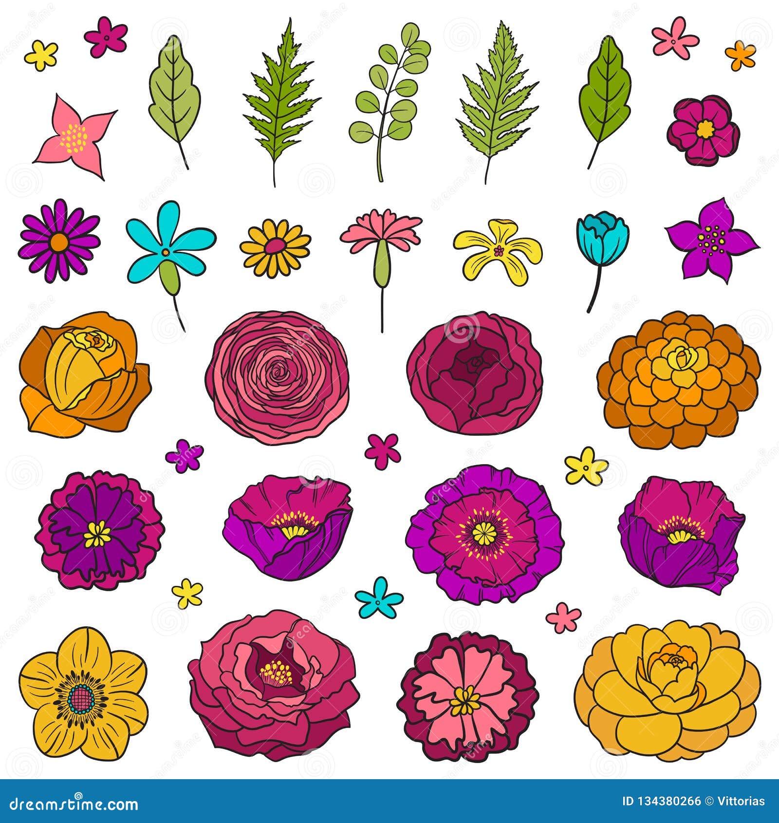 Set of Floral Hand Drawn Elements Stock Vector - Illustration of cute ...