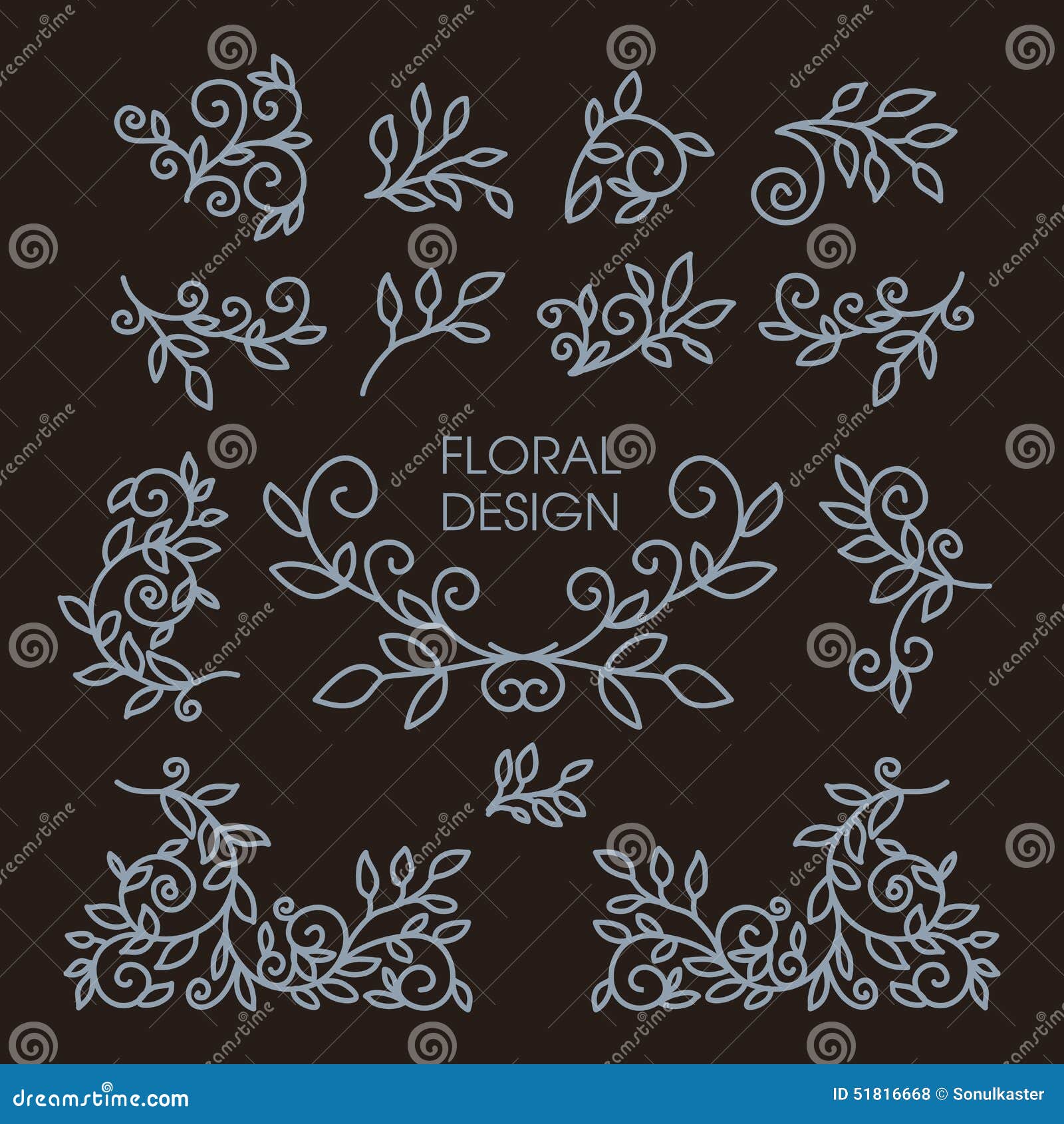 Set of Floral Line Design Elements Stock Vector - Illustration of ...