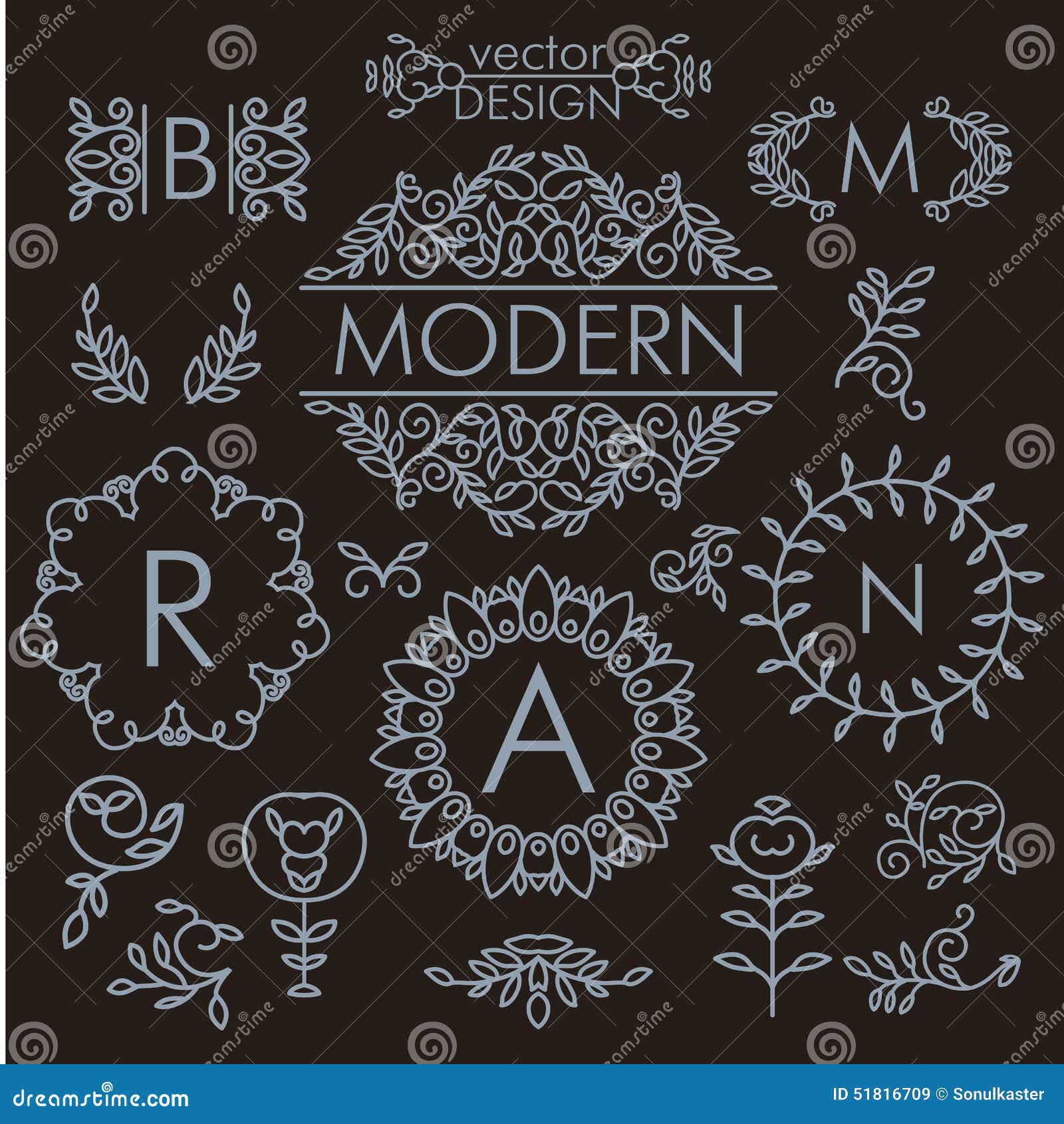 Set of Floral Line Design Elements Stock Vector - Illustration of ...