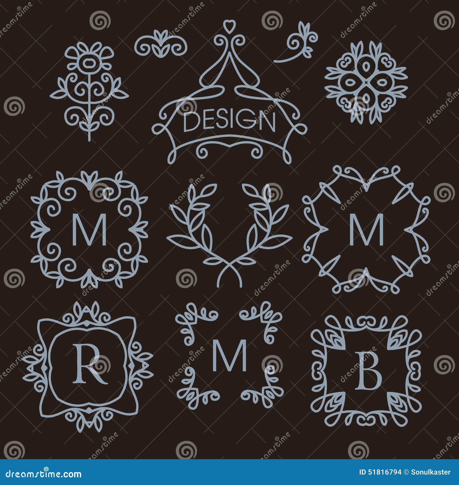 Set of Floral Line Design Elements Stock Vector - Illustration of brand ...