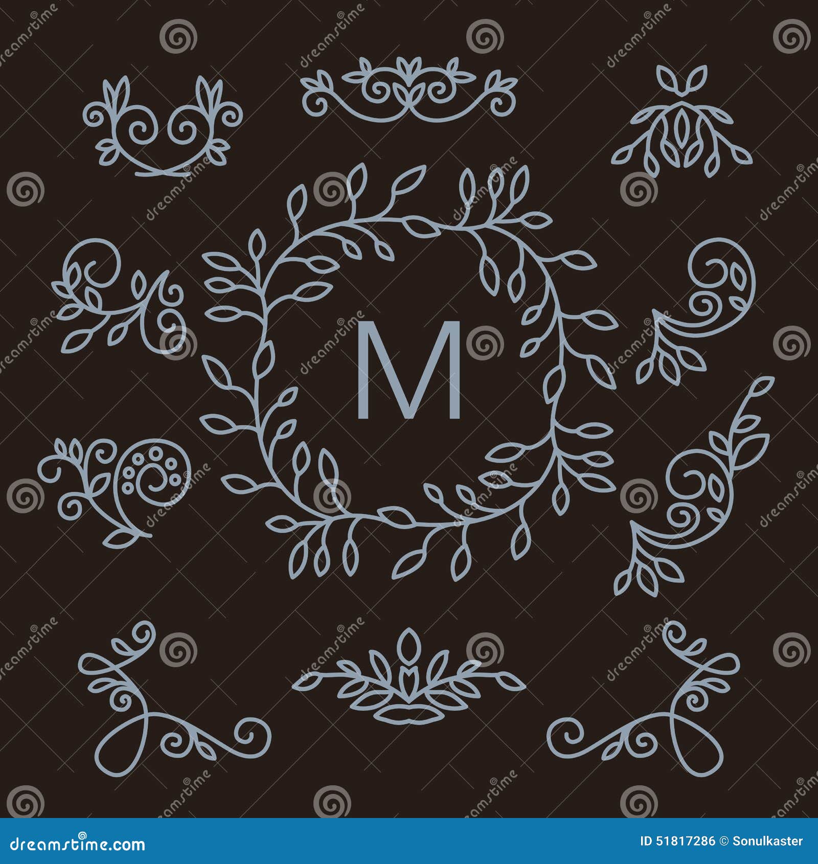 Set of Floral Line Design Elements Stock Vector - Illustration of ...