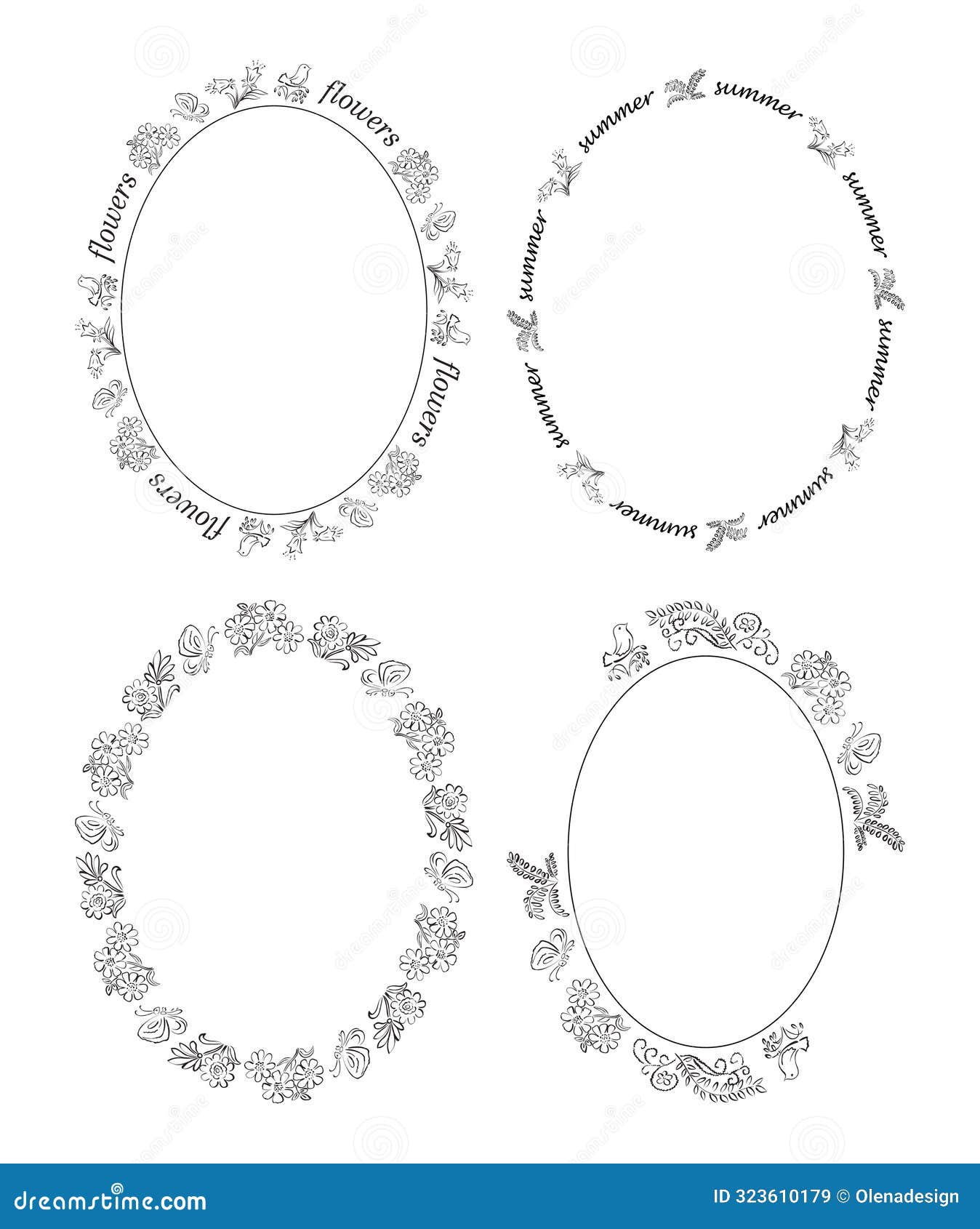 Set of Floral Oval Frames. Nature. Flowers and Birds. Vector Decorative ...