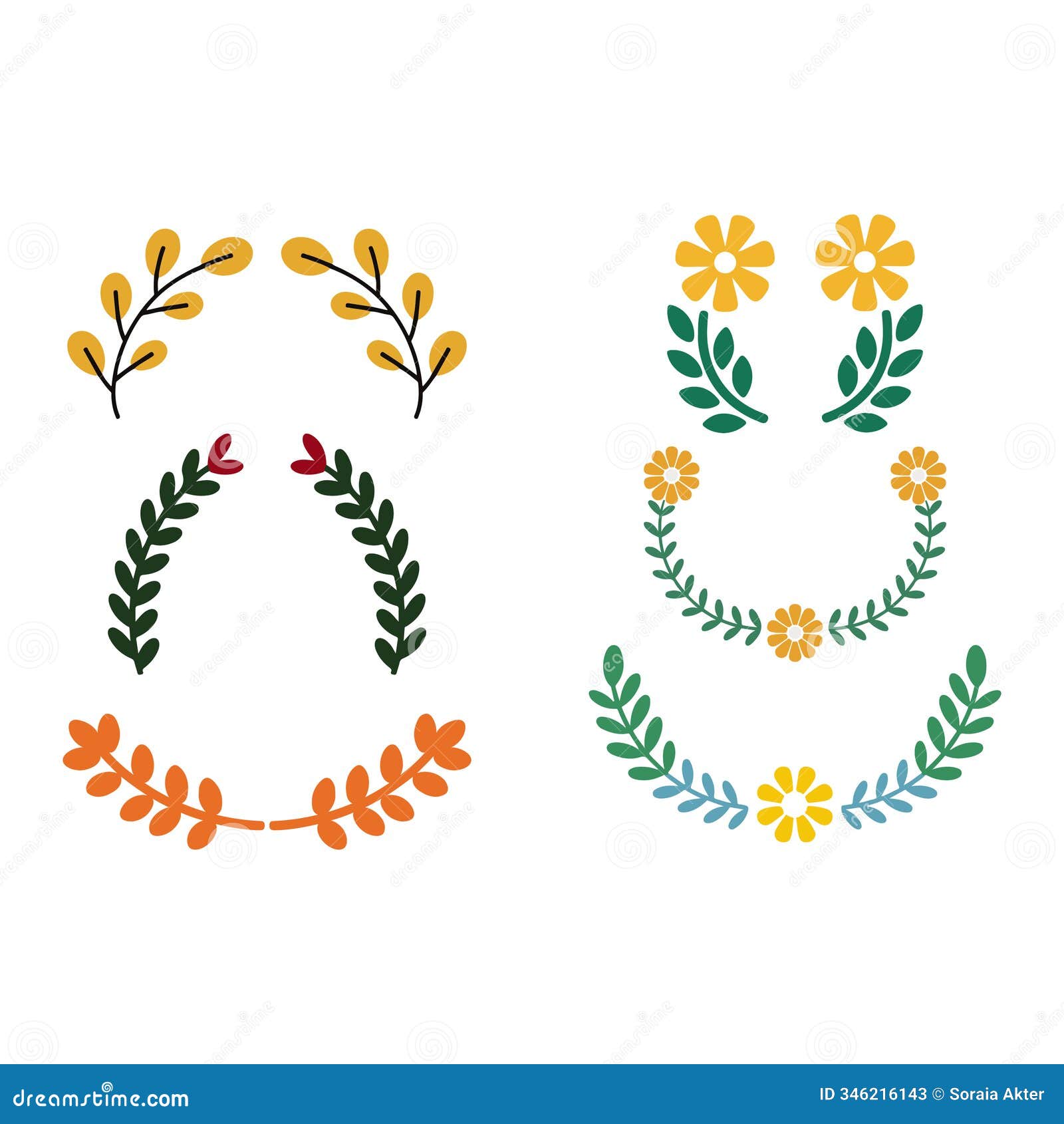 Set Floral Plant Frames with Hand-drawn Design Vector Illustration ...