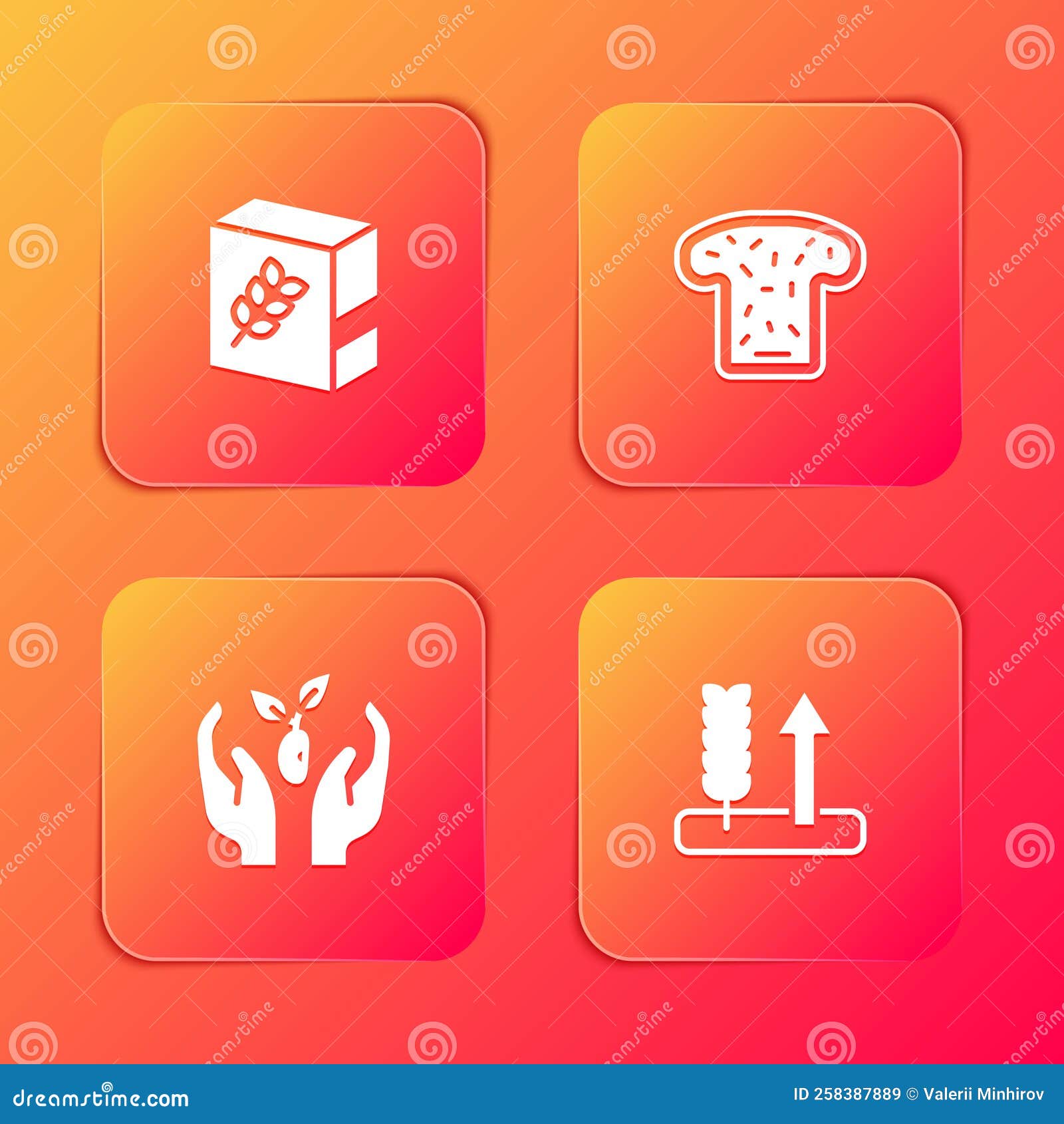 Set Flour Pack, Bread Toast, Plant in Hand and Wheat Icon. Vector Stock ...