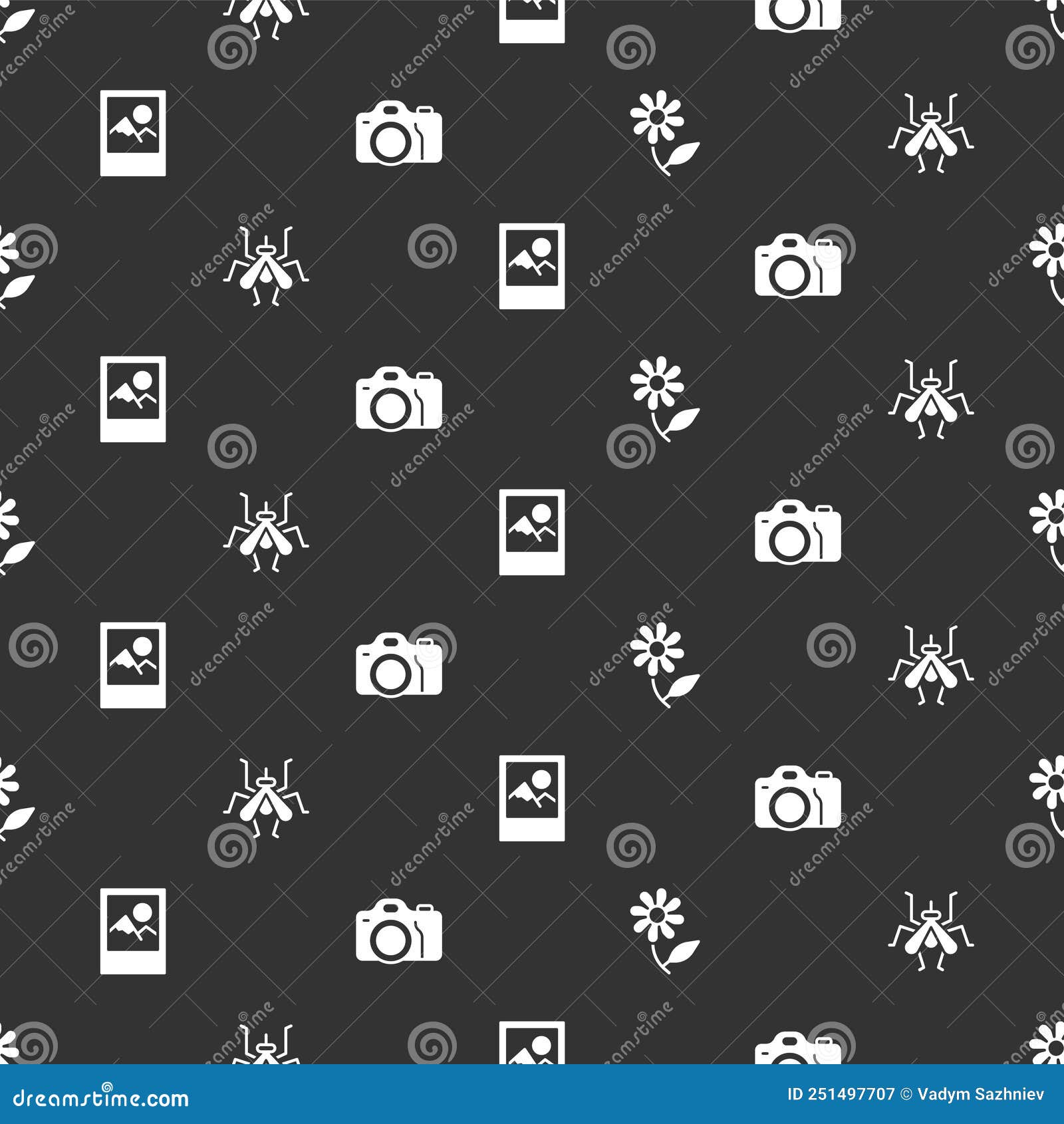 Set Flower, Mosquito, Photo Frame and Camera on Seamless Pattern ...