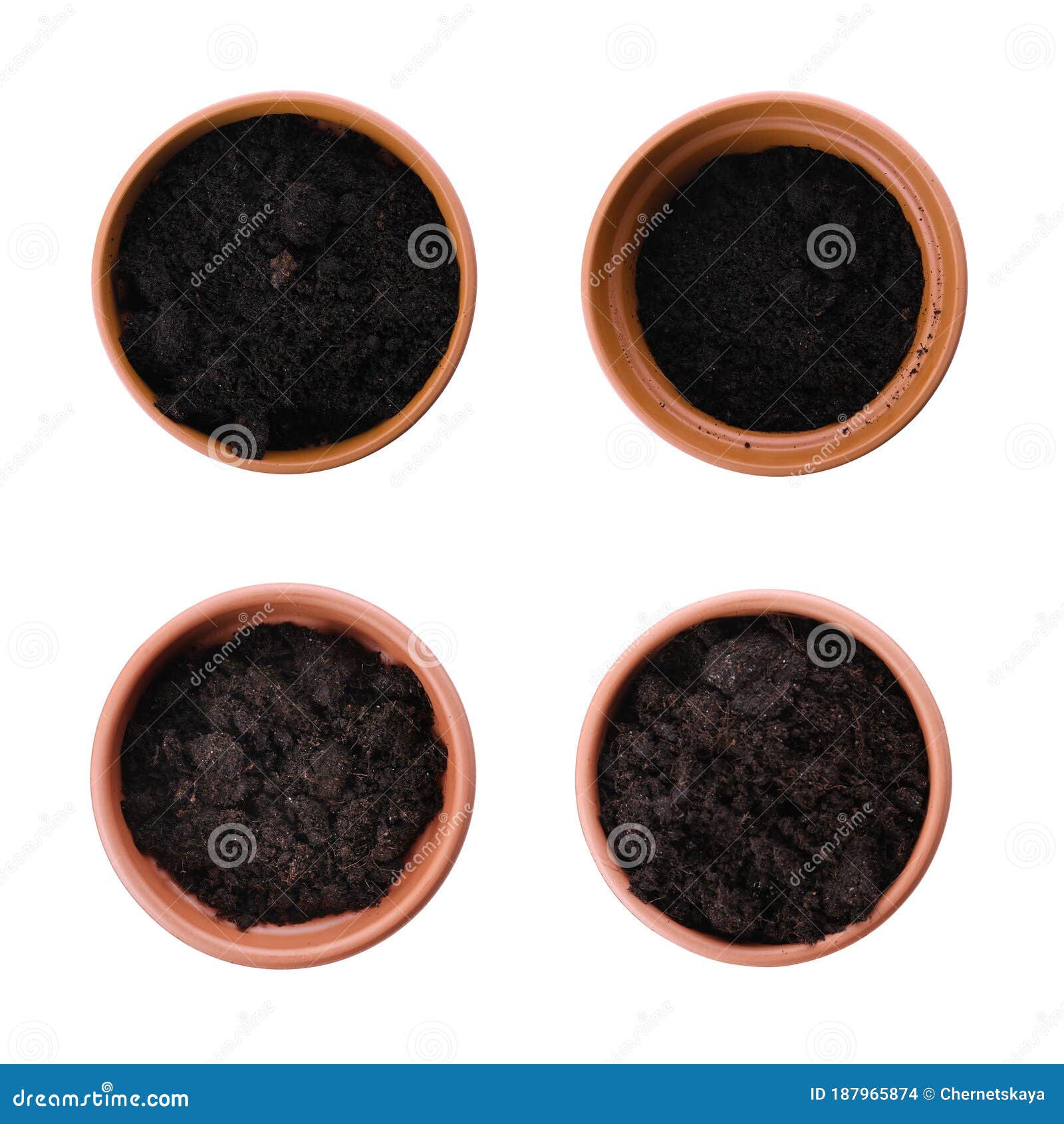 Set of Flower Pots with Soil on Background, Top View Stock Photo ...