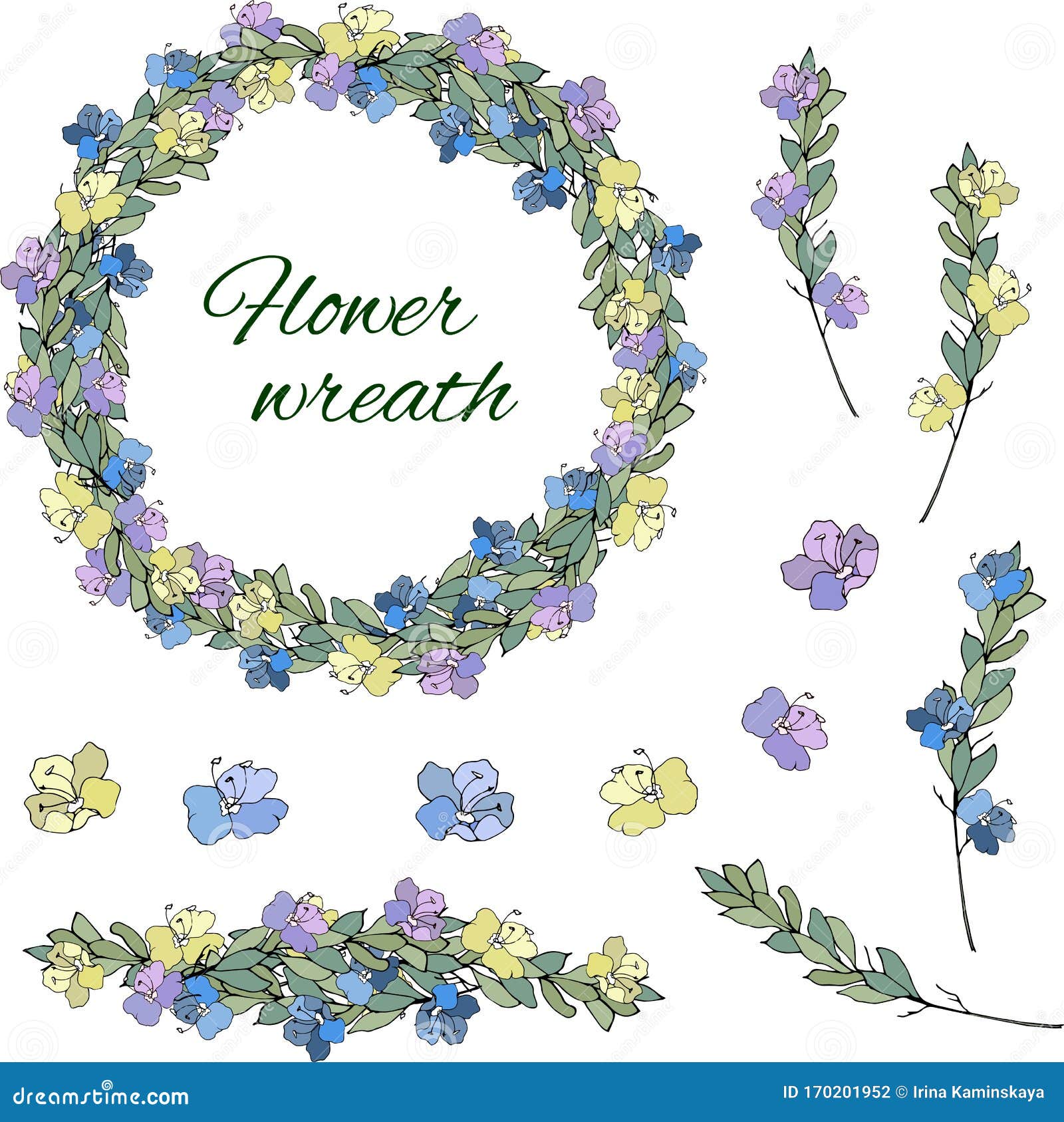 Set of Flower Wreath and Green Leaves. Vector Spring Flowers on a White ...