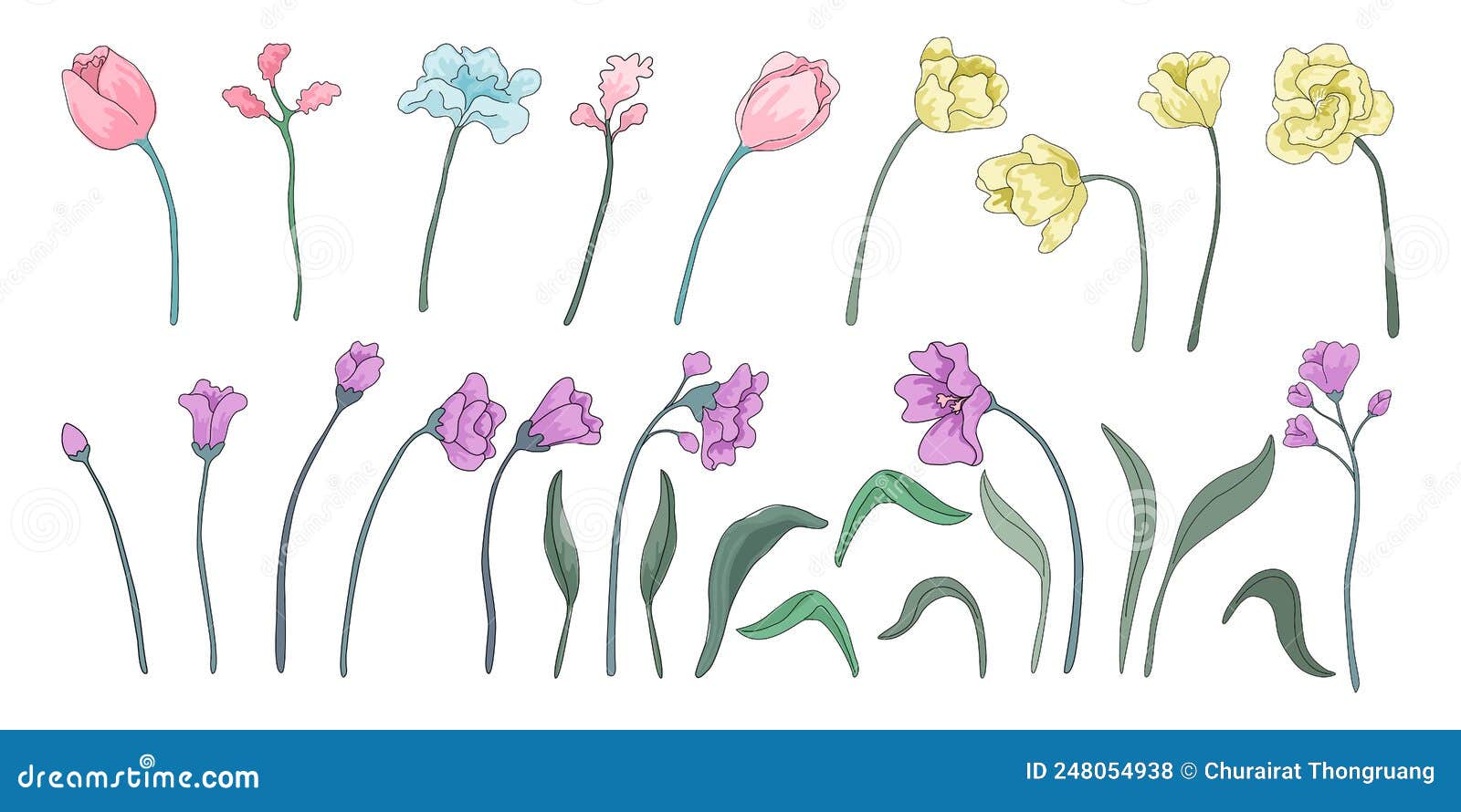 Set of Flowers Elements Vector Illustrations Designed in Doodle Style ...