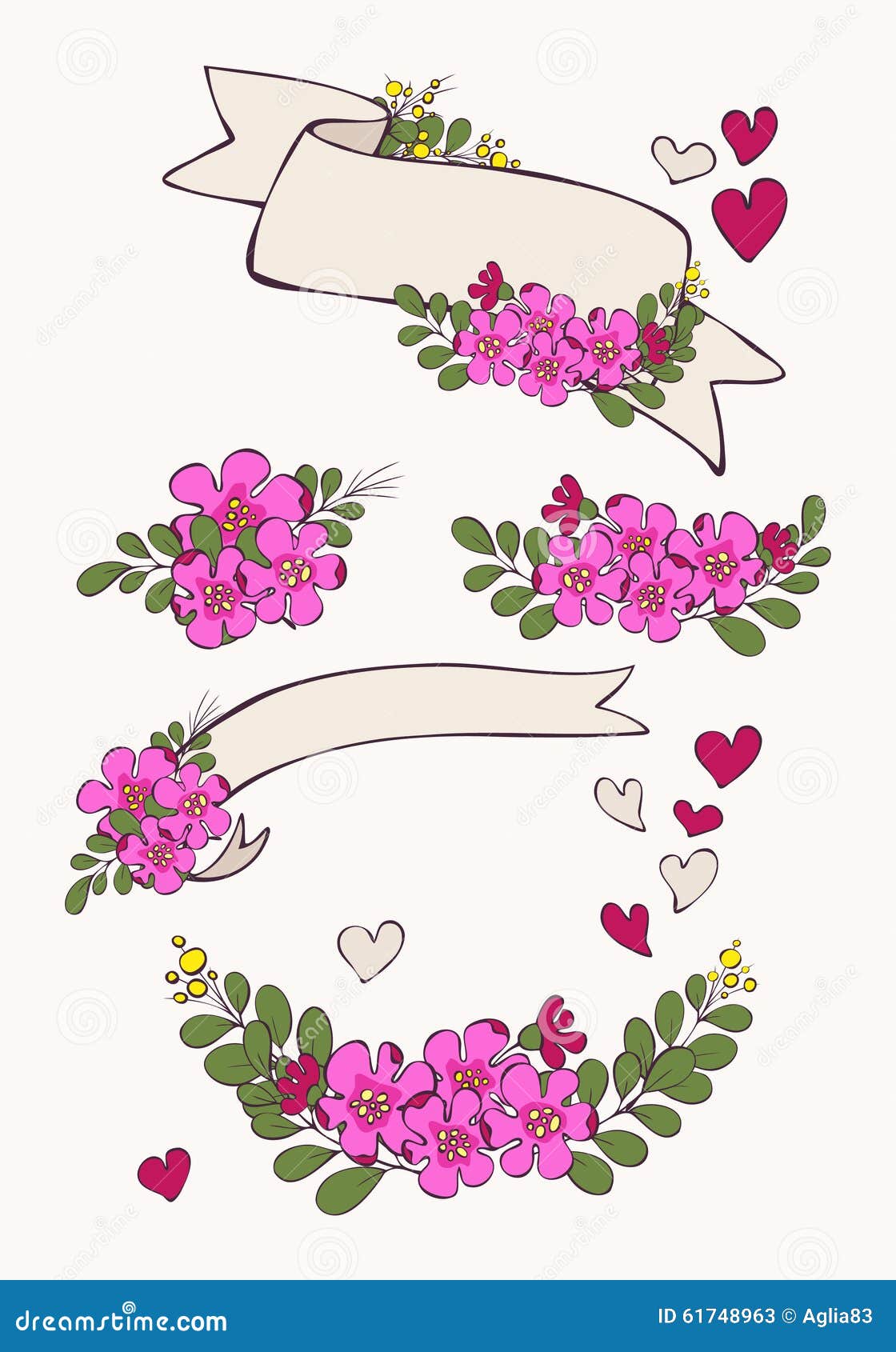 Set with Flowers, Heart and Ribbons. Stock Vector - Illustration of ...