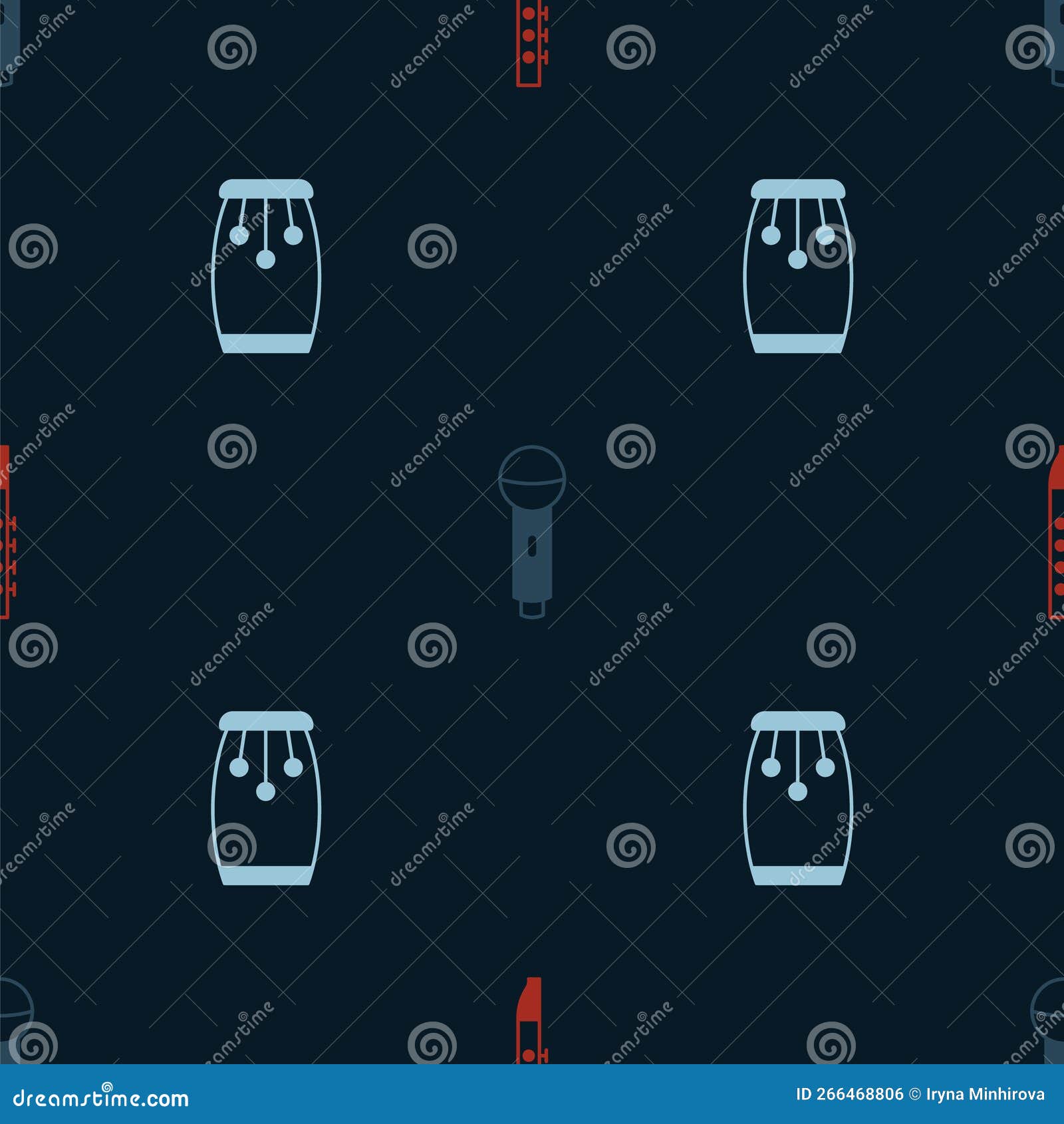 Set Flute, Microphone and Conga Drums on Seamless Pattern. Vector Stock ...