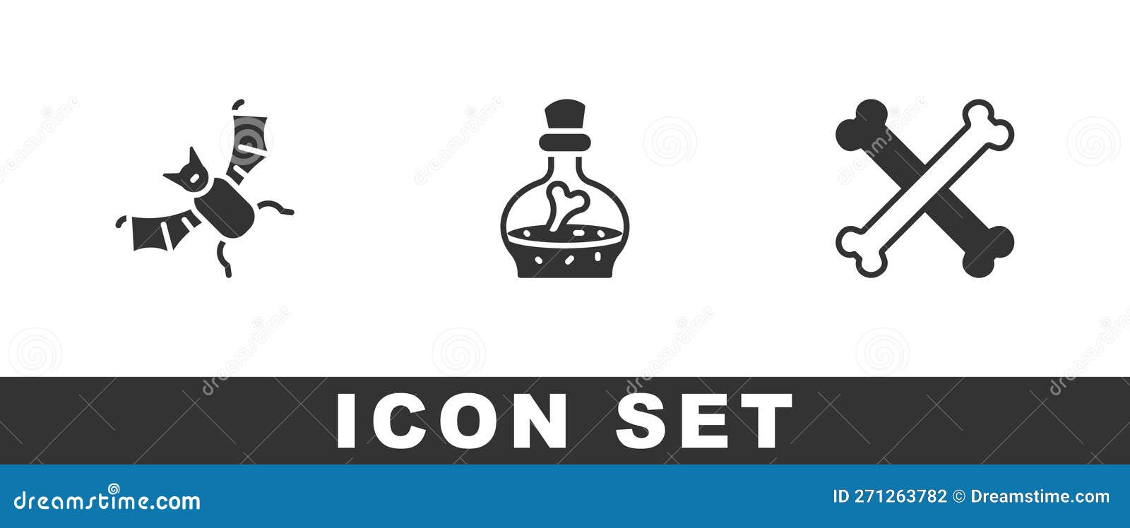 Set Flying Bat, Bottle with Potion and Crossed Bones Icon. Vector Stock ...