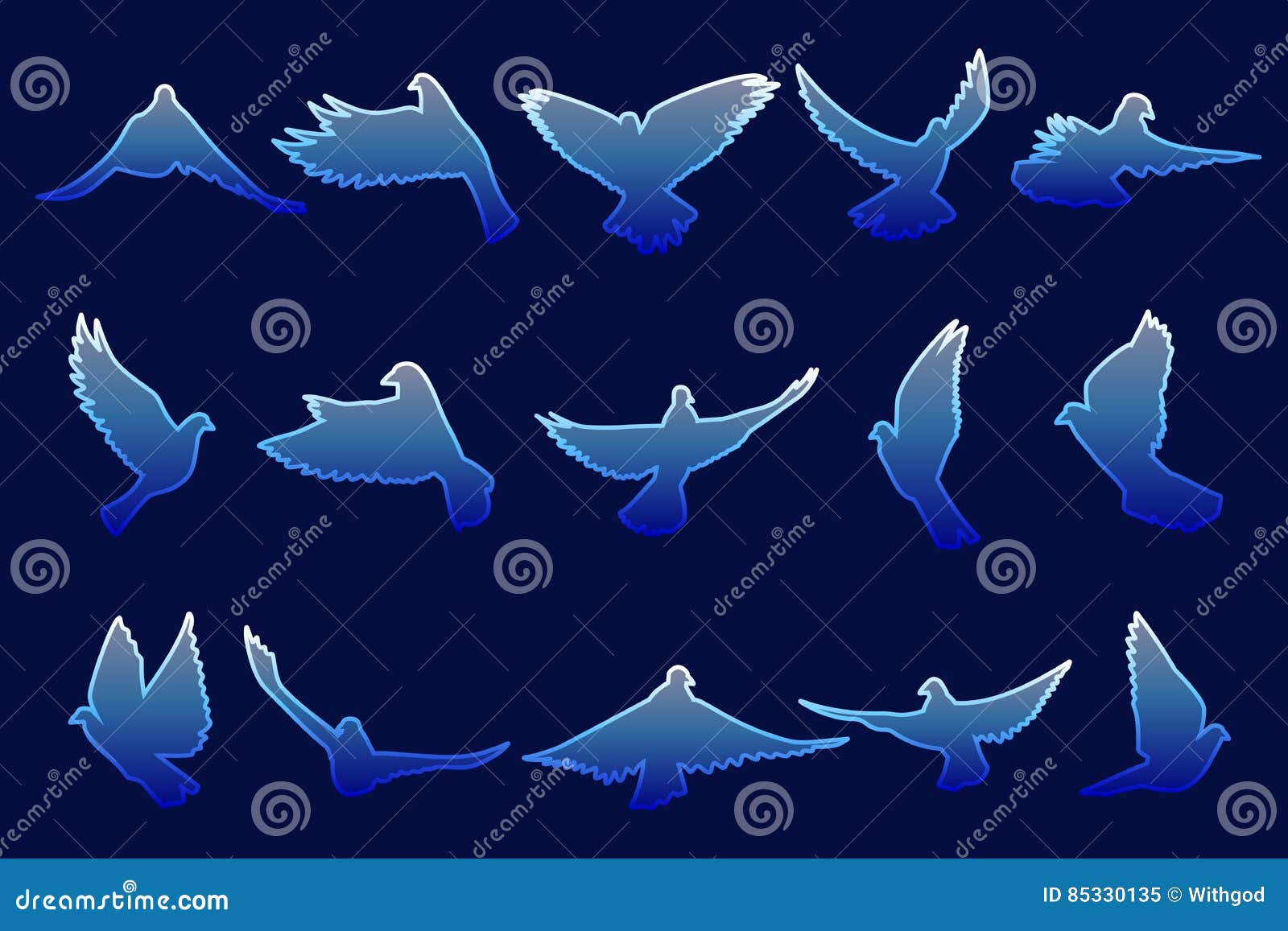Set Of Flying Blue Doves On Blue Background Stock Illustration ...