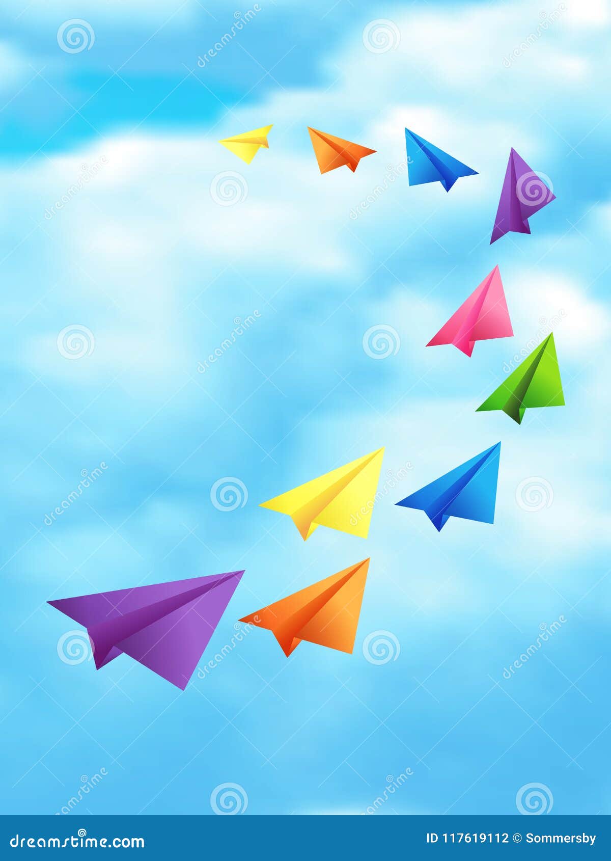 Set of Flying Color Paper Planes in the Blue Sky with White Clou Stock ...