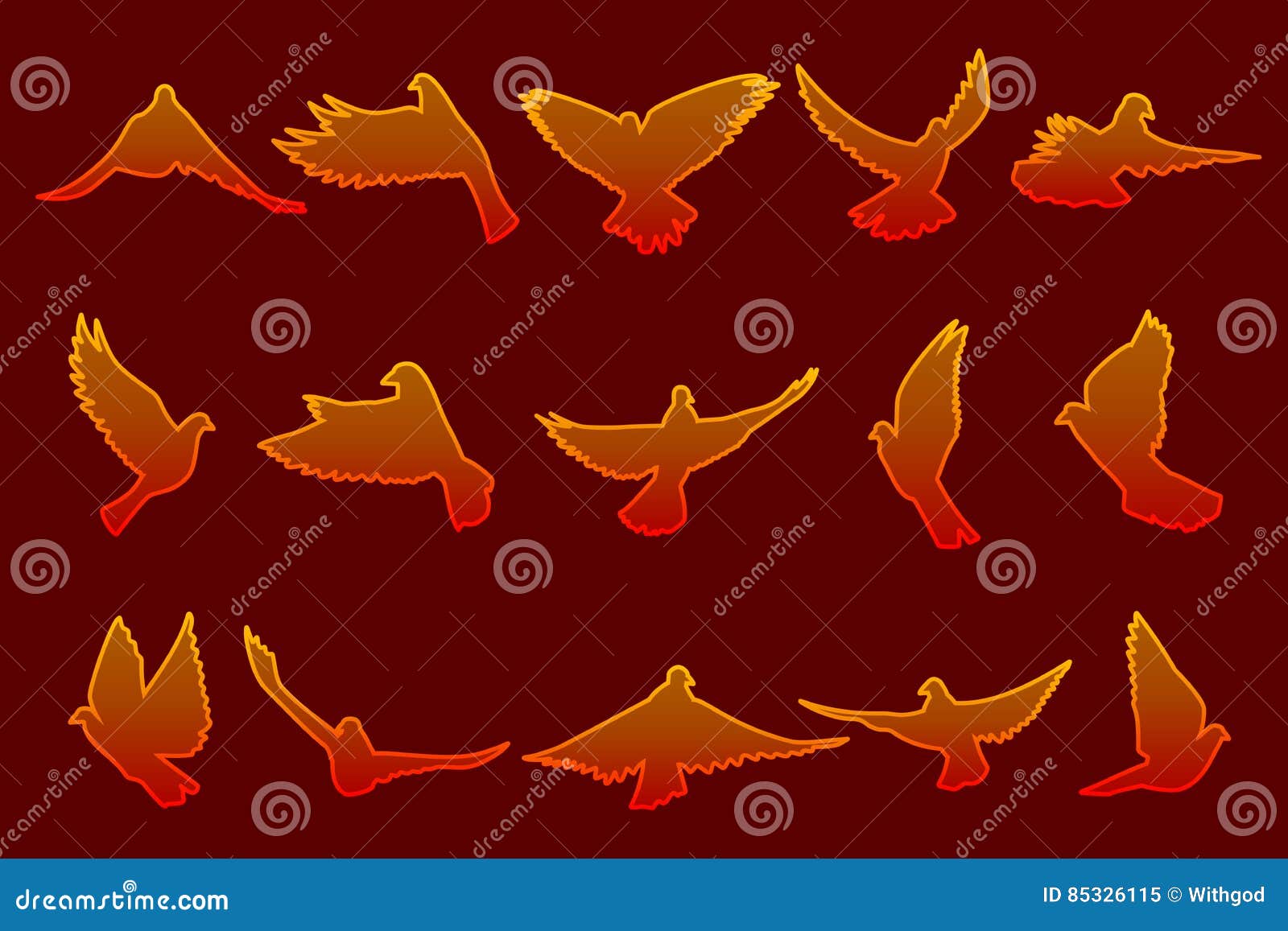 Set of Flying Fire Red Doves on Dark Red Background Stock Illustration ...