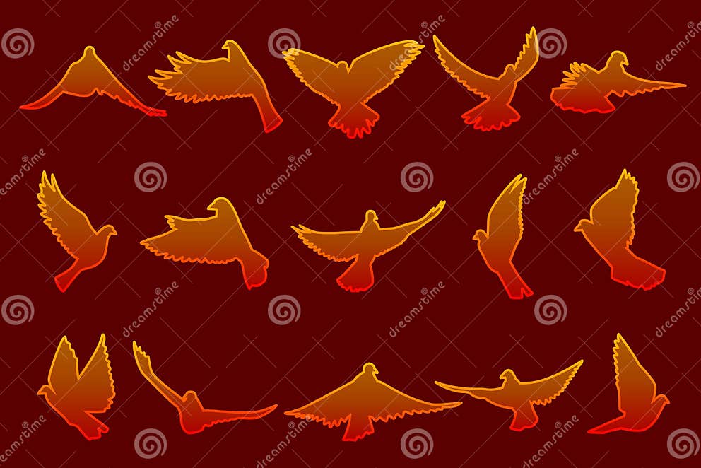 Set of Flying Fire Red Doves on Dark Red Background Stock Illustration ...