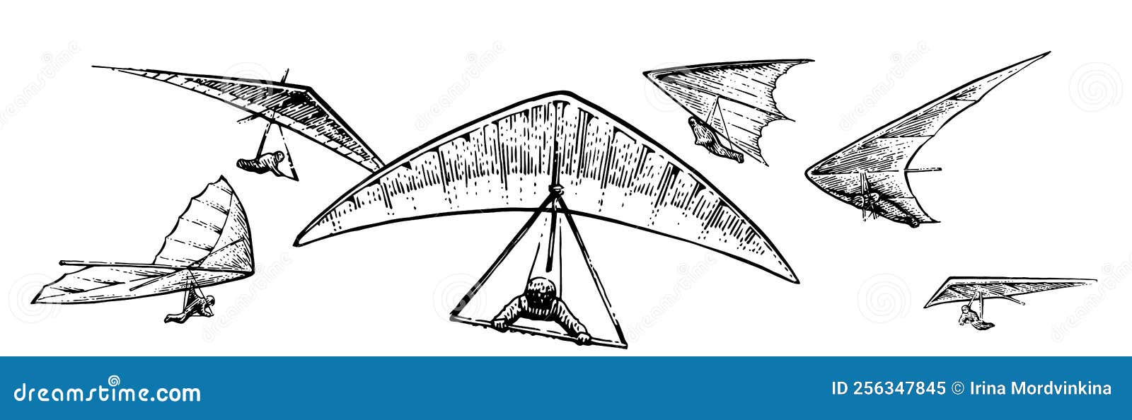 Set of Flying Hang Gliders. Hand Drawn Outline Sketch. Isolated on ...