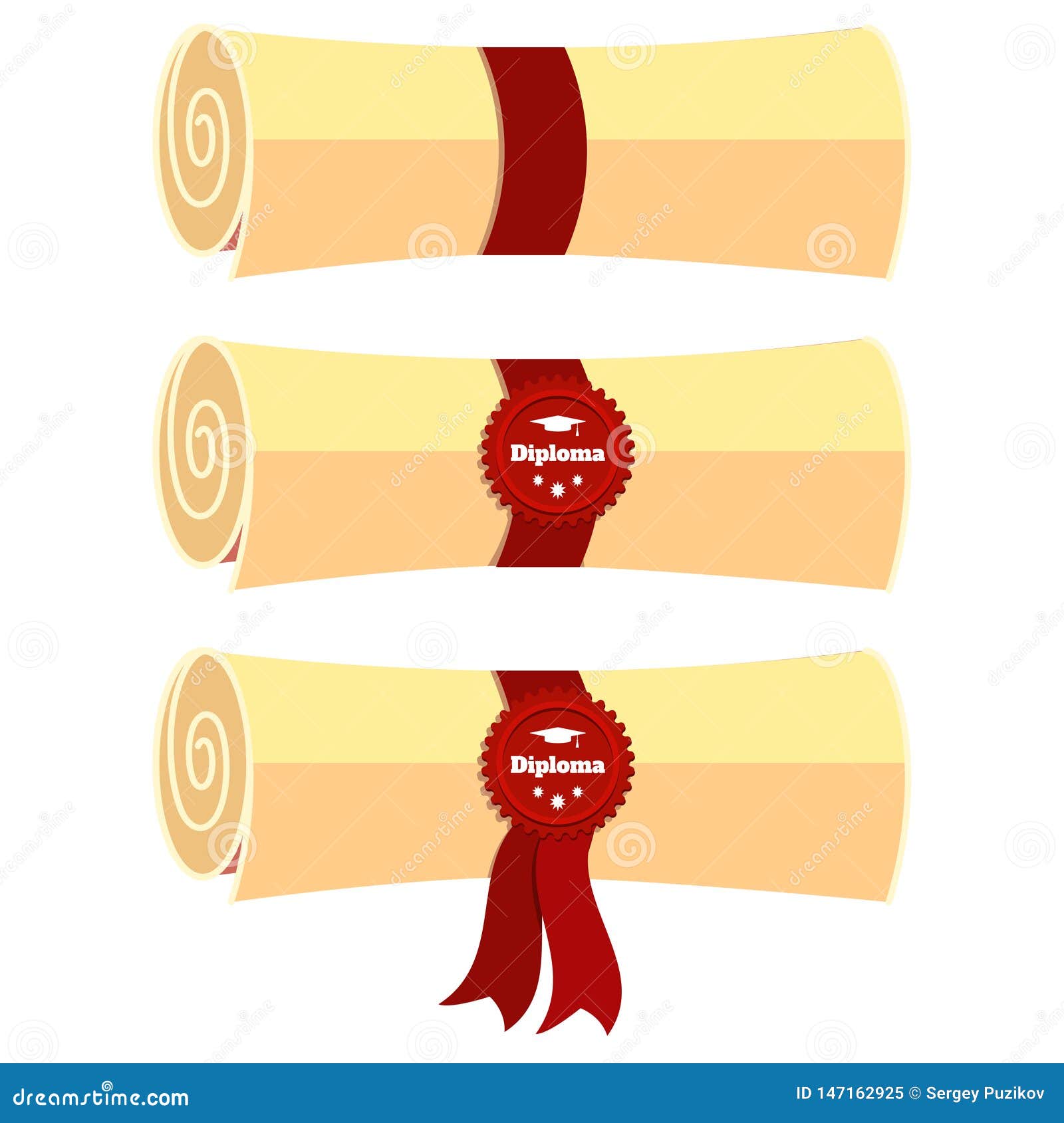 Set of Folded Diplomas with Ribbon and Stamps Vector Flat Illustration ...