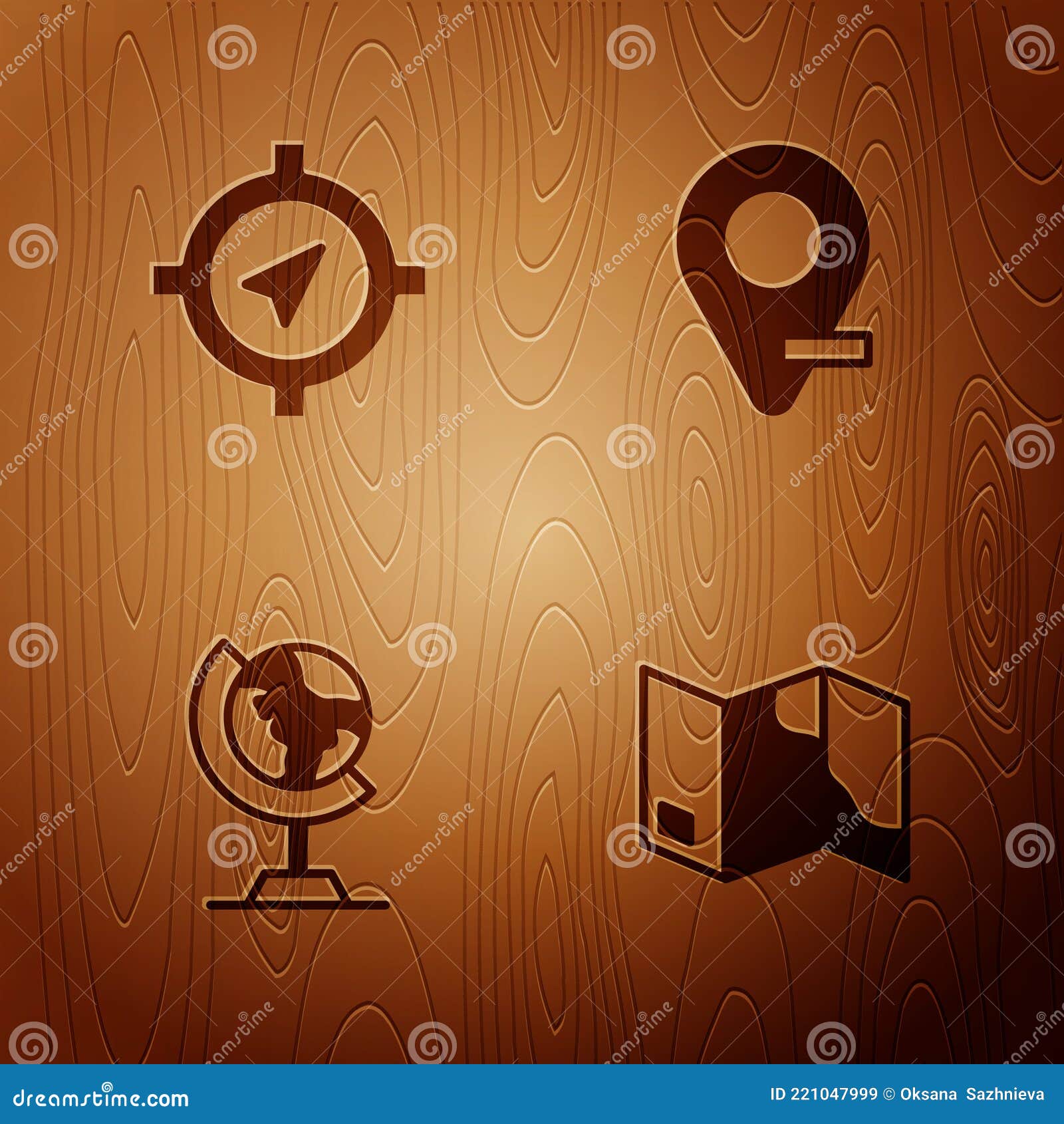 Set Folded Map, Compass, Earth Globe and Location on Wooden Background ...