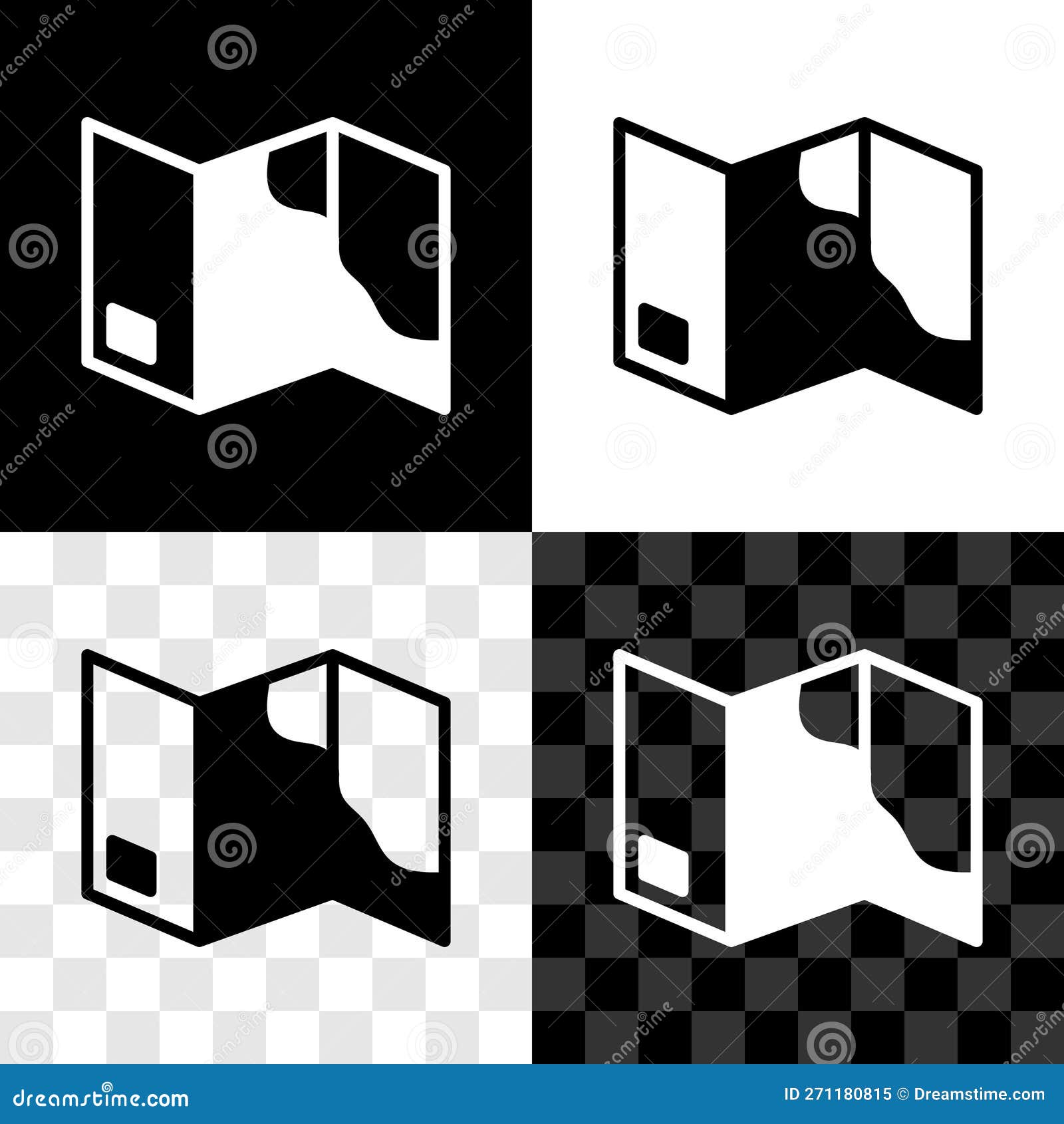 Set Folded Map Icon Isolated on Black and White, Transparent Background ...