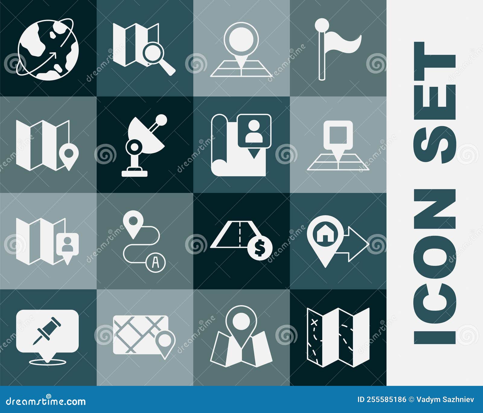 Set Folded Map, Location with House, Location Marker, Radar, Satellites ...