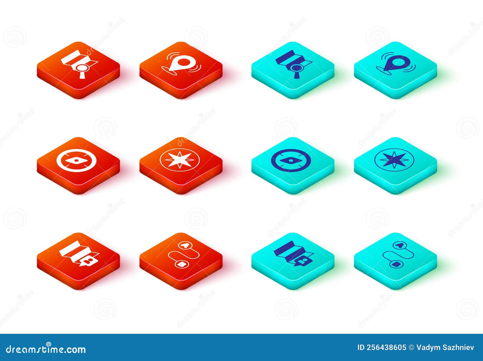 Set Folded Map with Location Marker, Route, Compass, Wind Rose, Map Pin ...