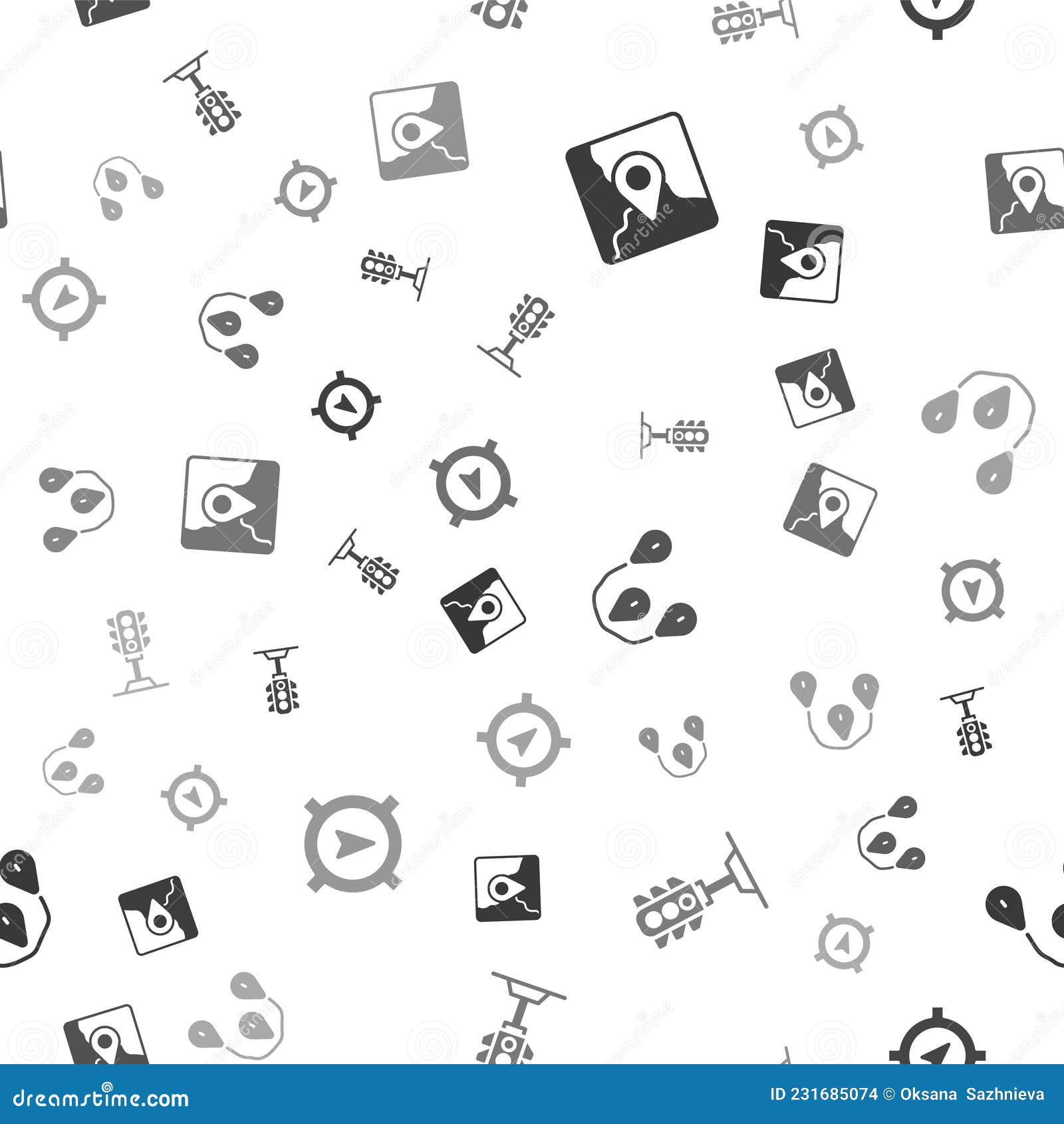 Set Folded Map with Location Marker, Traffic Light, Route and Compass ...