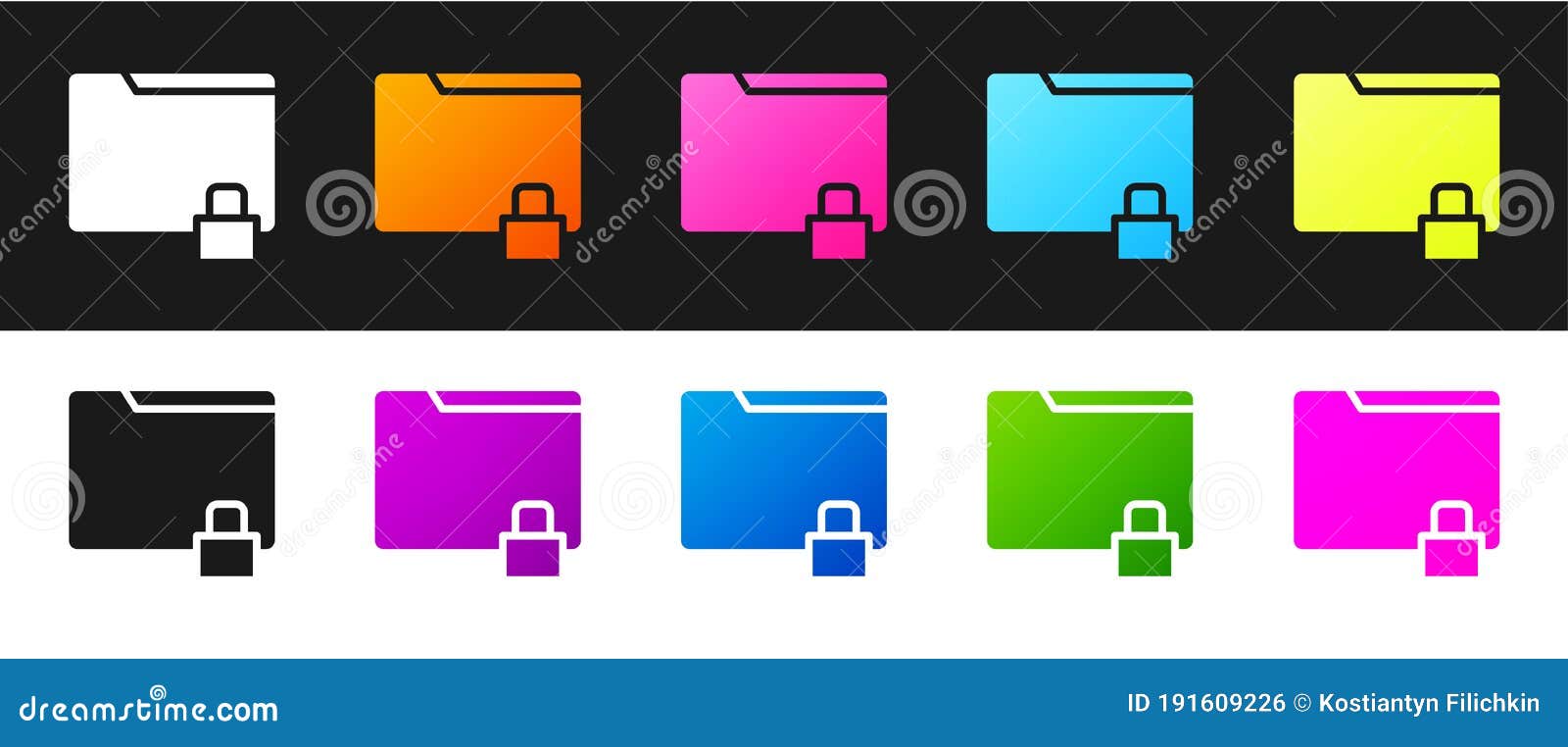 Set Folder and Lock Icon Isolated on Black and White Background. Closed ...