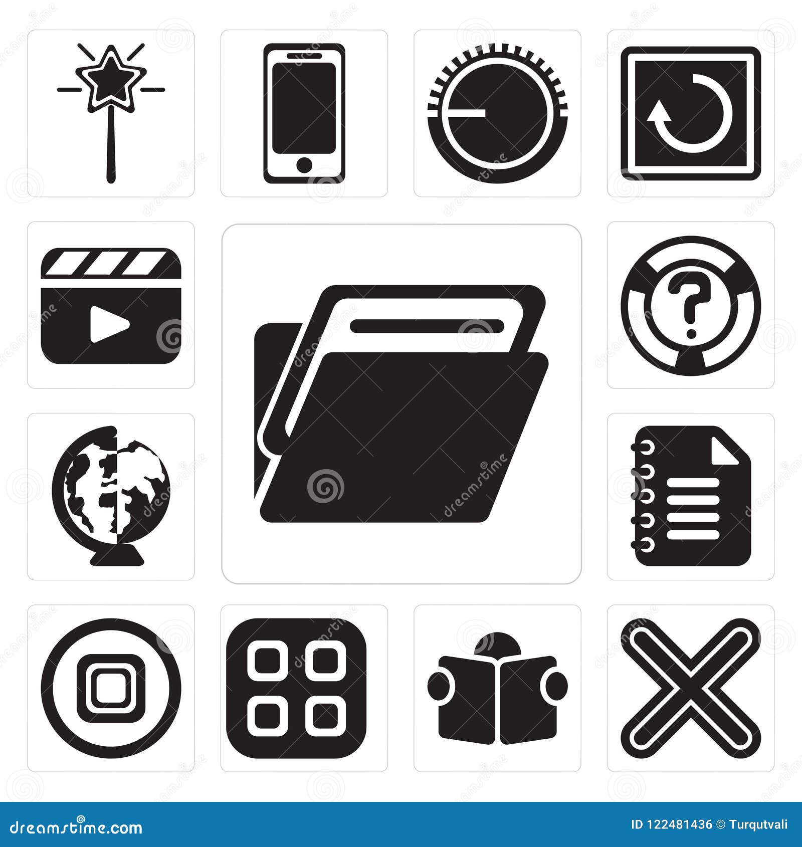 Set of Folder, Multiply, Reading, Menu, Stop, Notepad, Worldwide Stock ...