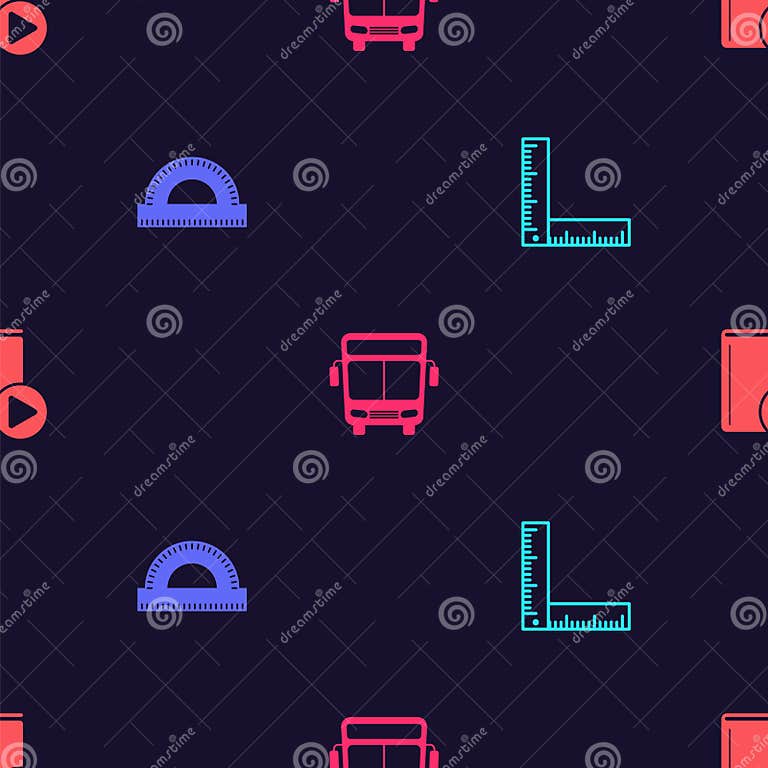 Set Folding Ruler, Protractor Grid, Bus and Audio Book on Seamless ... Set Folding Ruler, Protractor Grid, Bus and Audio Book on Seamless ...