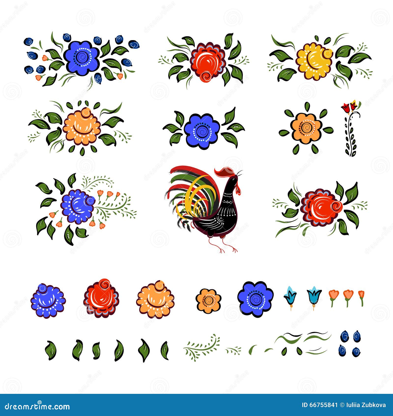Set of Folk Elements. Colorful Flowers and Stock Vector - Illustration ...