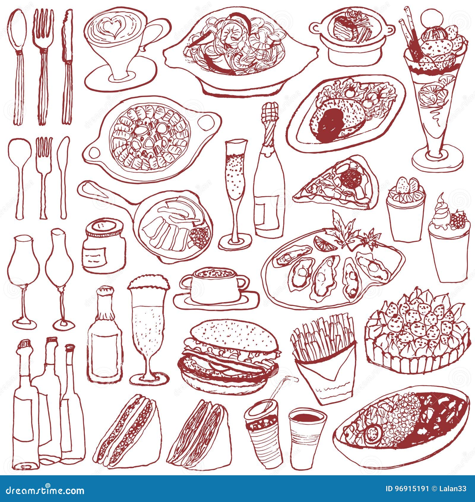Set of Food and Drinks Doodle. Stock Vector - Illustration of curry ...