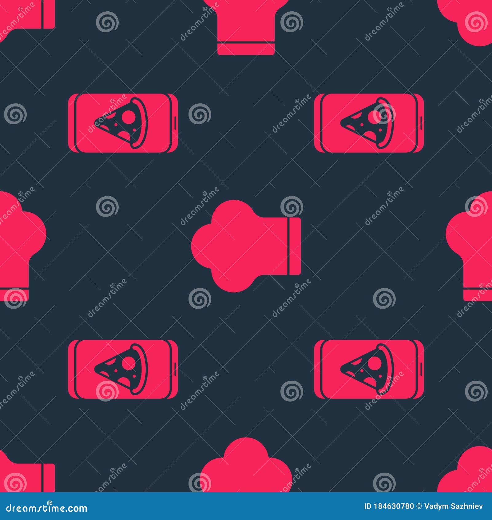 Set Food Ordering Pizza and Chef Hat on Seamless Pattern. Vector. Stock ...