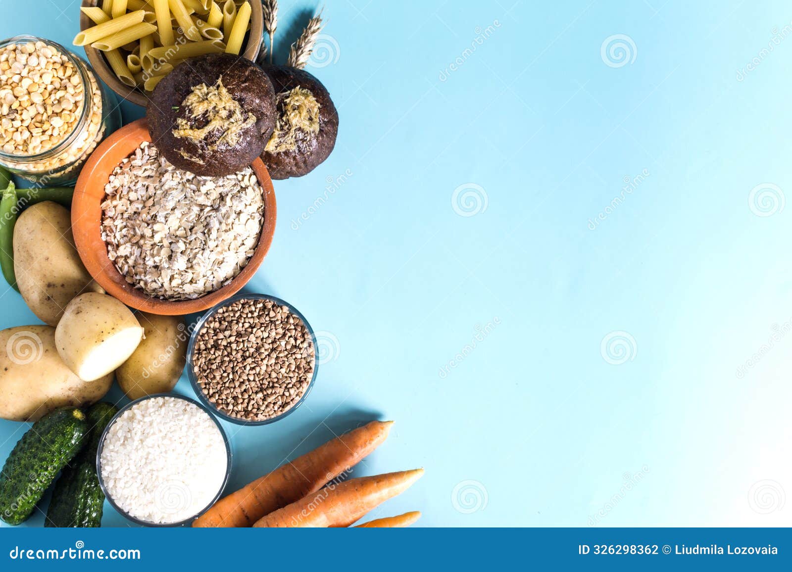 A Set of Foods Containing Complex Carbohydrates in Close-up Stock Photo ...
