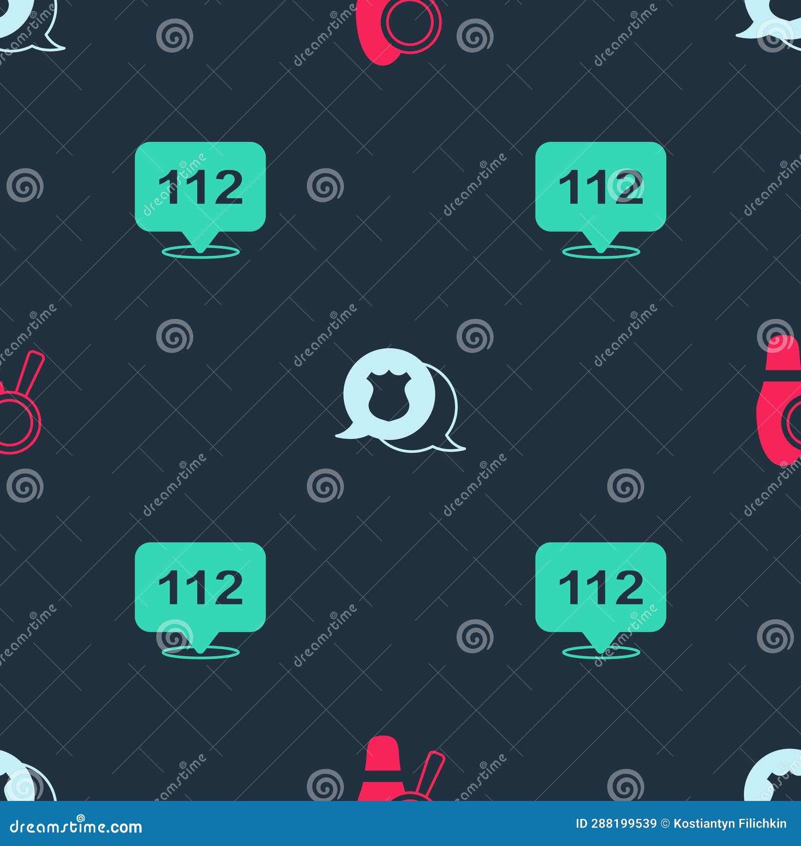 Set Footsteps, Police Badge and Telephone Call 112 on Seamless Pattern ...