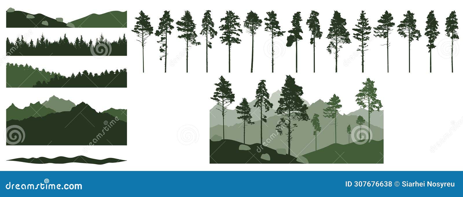 Set of Forest Element, Pine Trees, Beautiful Landscapes. Creation of Beautiful Woodland ...