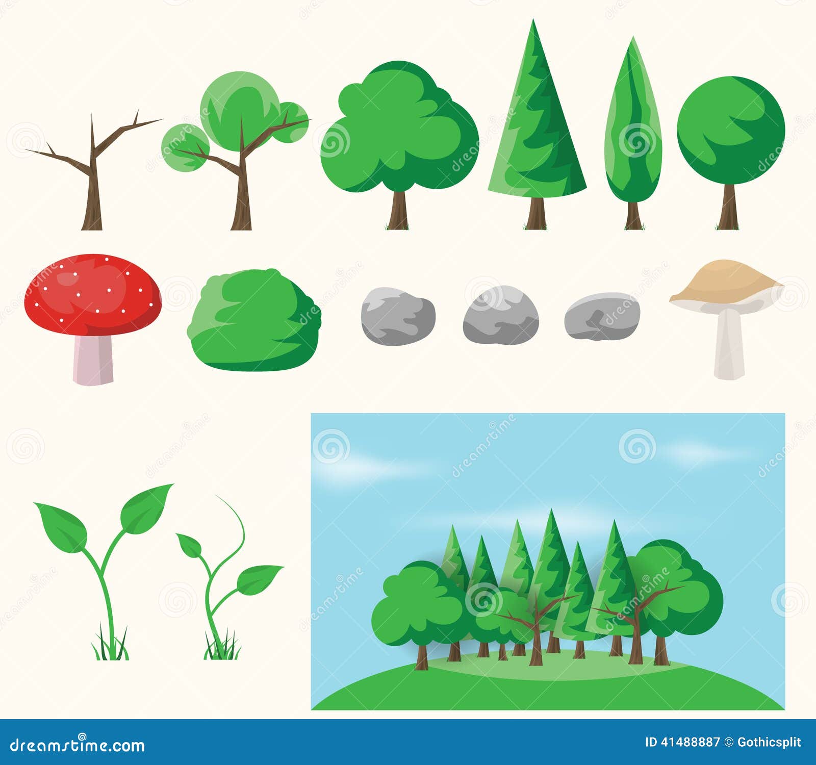 Set of forest elements. stock vector. Illustration of nature - 41488887