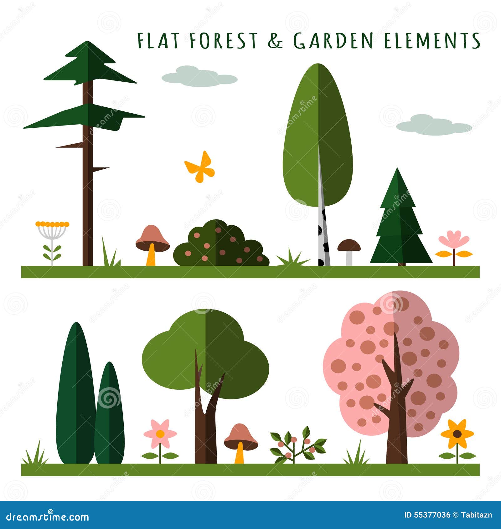 Set of Forest and Garden Elements, Flat Design, Isolated Stock Vector ...