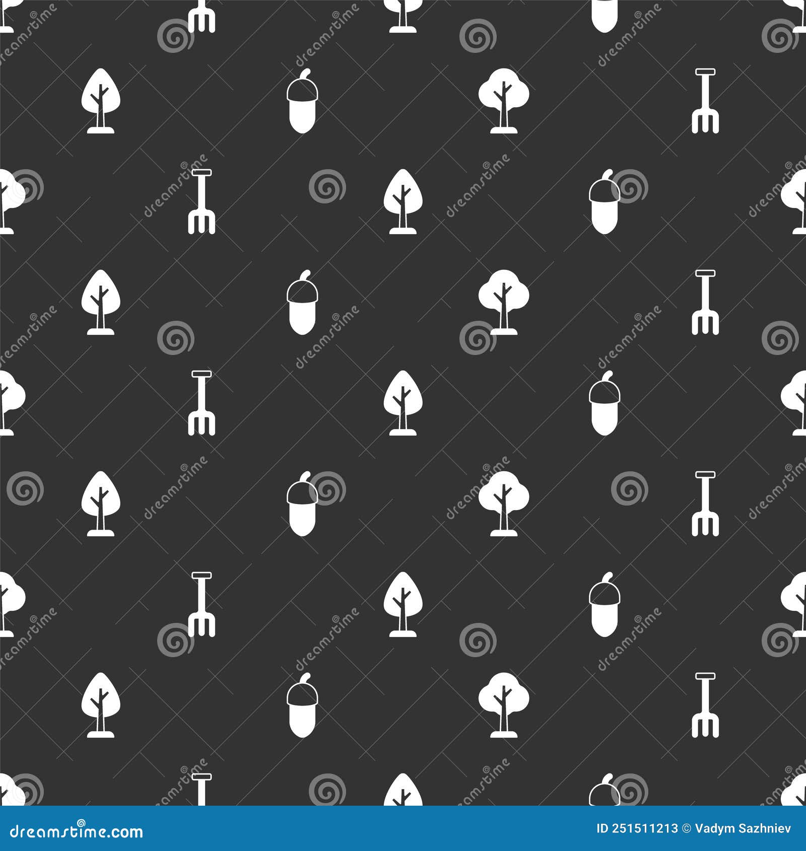 Set Forest, Garden Rake, and Acorn on Seamless Pattern. Vector Stock ...