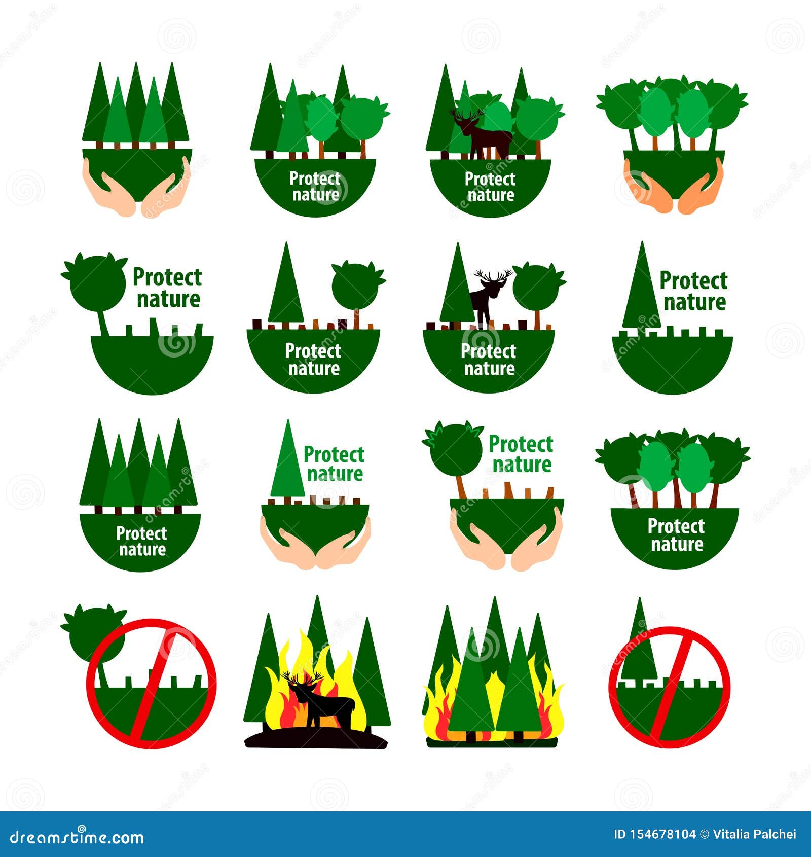 Set of Forest Protection Icons. Deforestation and Forest Fires Stock ...