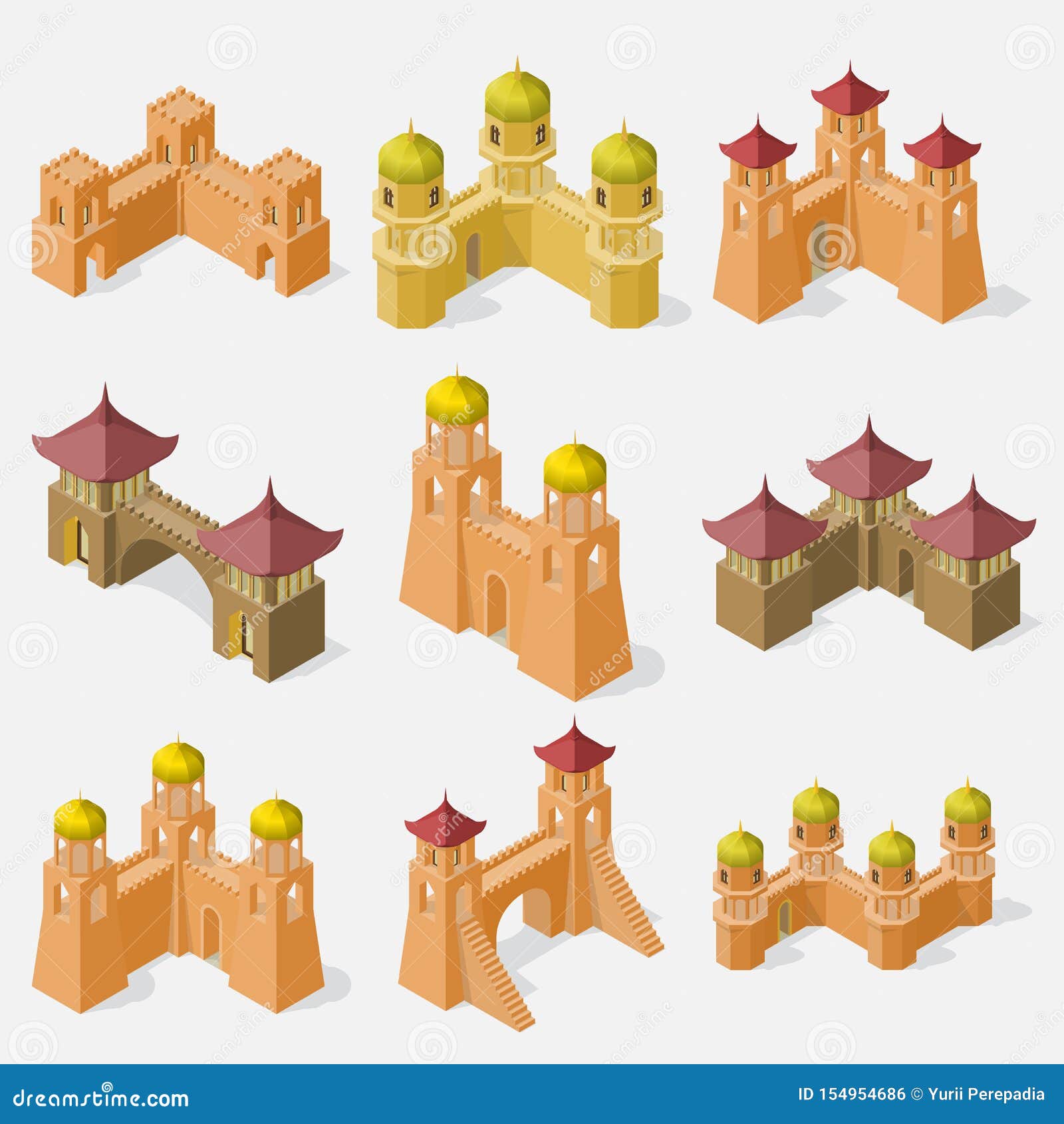 Set of Fortress Buildings Elements in Isometric View Stock Vector ...