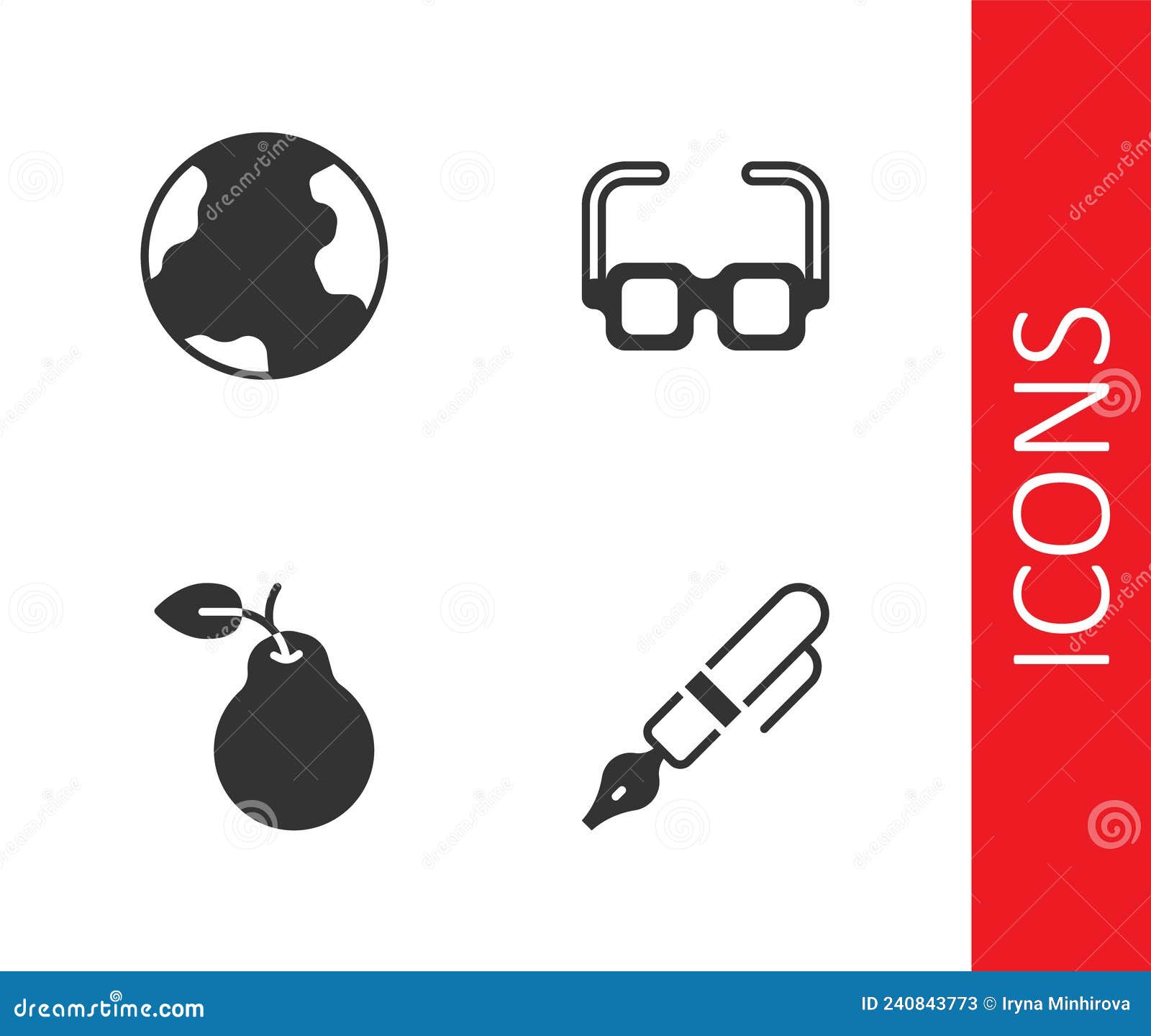 Set Fountain Pen Nib, Earth Globe, Pear and Glasses Icon. Vector Stock ... Set Fountain Pen Nib, Earth Globe, Pear and Glasses Icon. Vector Stock ...