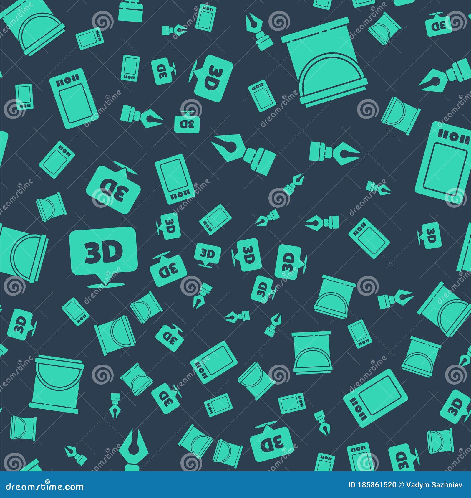 Set Fountain Pen Nib, Paint Bucket, Speech Bubble with Text 3D and Graphic Tablet on Seamless ...