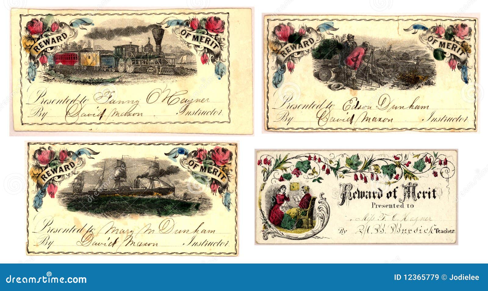 Set of Four Antique Merit Certificates Stock Illustration ...