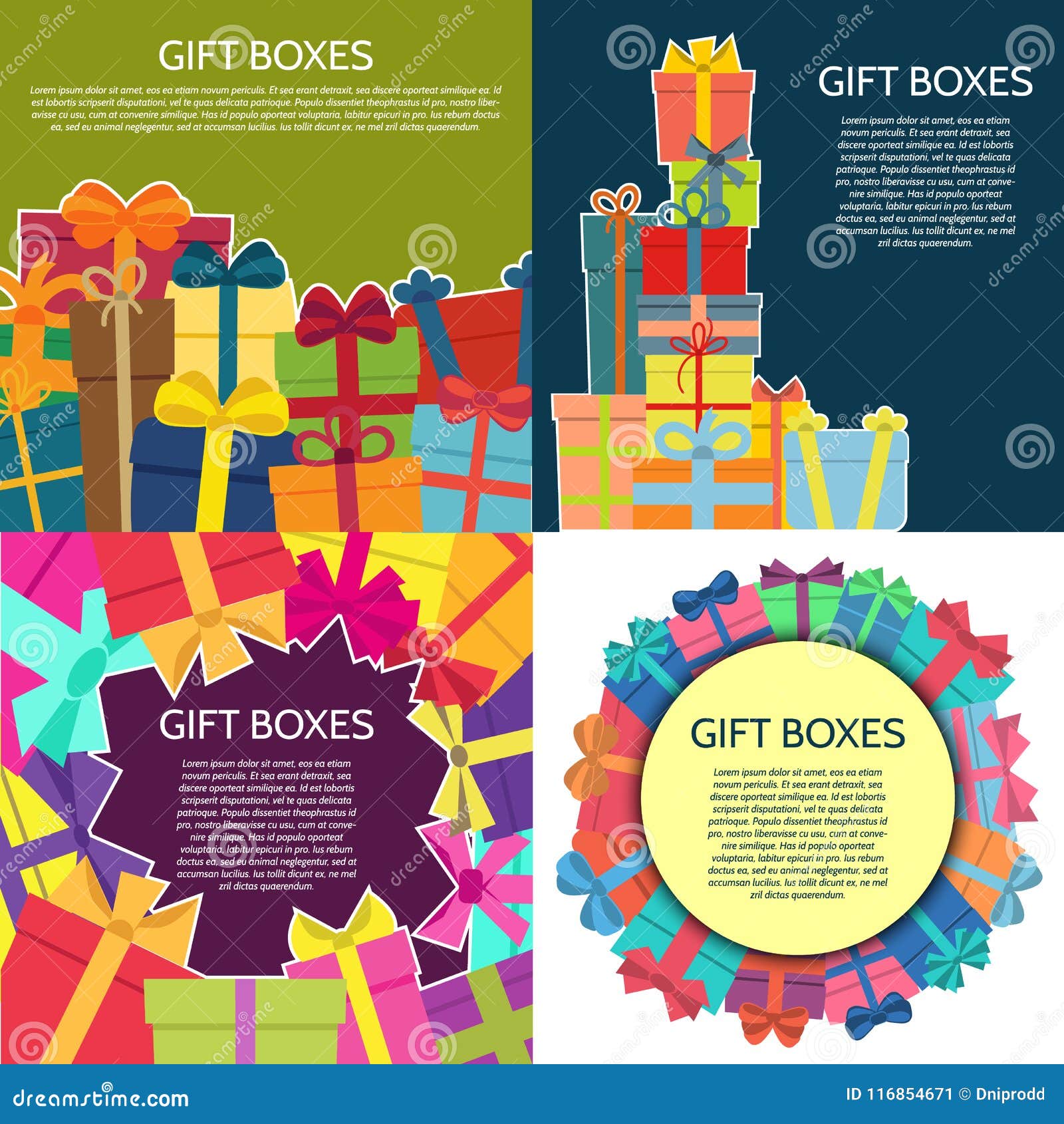 Set Of Four Backgrounds With A Colorful Gift Boxes Cartoon Vector ...