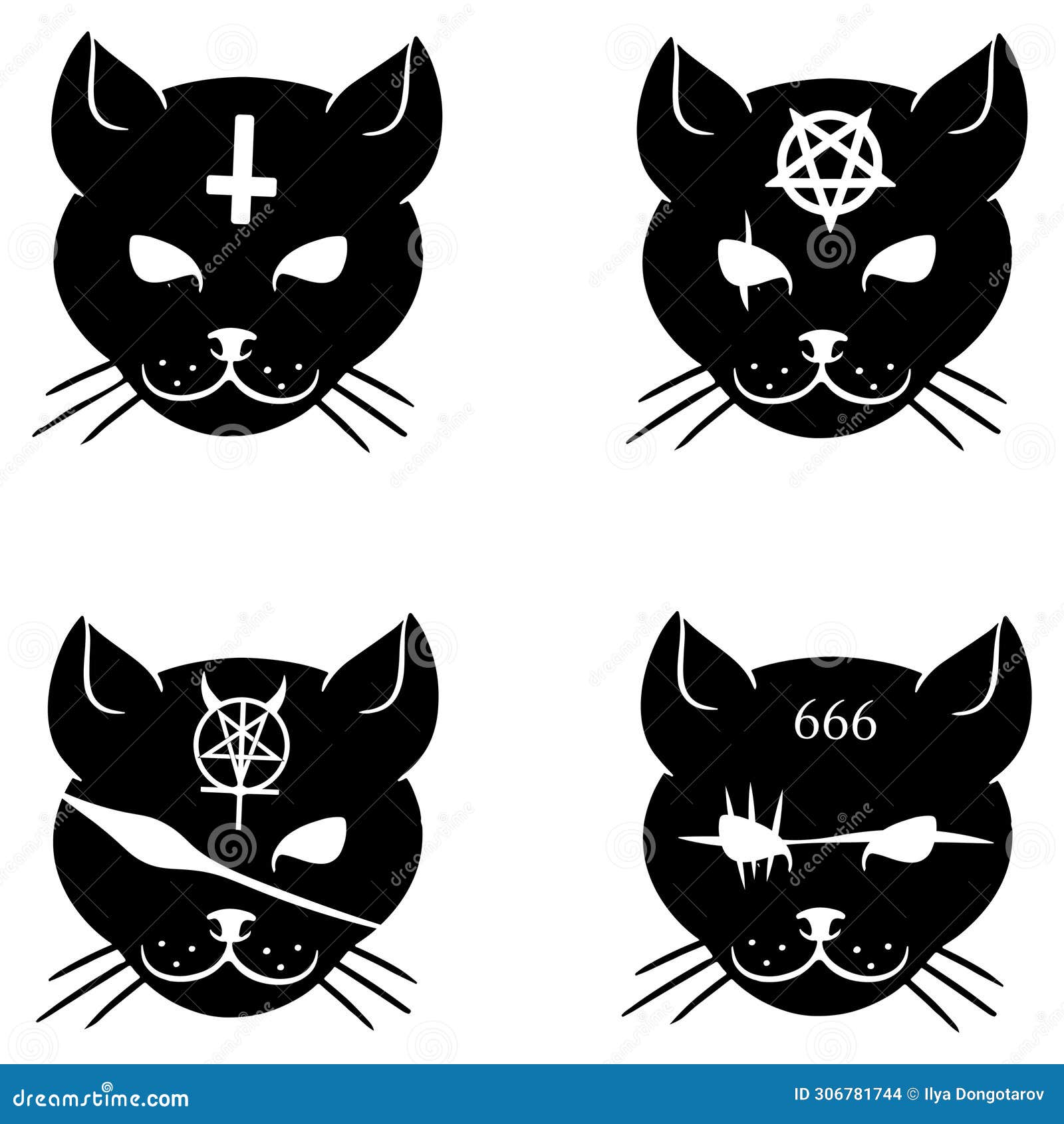 Set of Drawings of Black Cats Faces Stock Illustration - Illustration ...