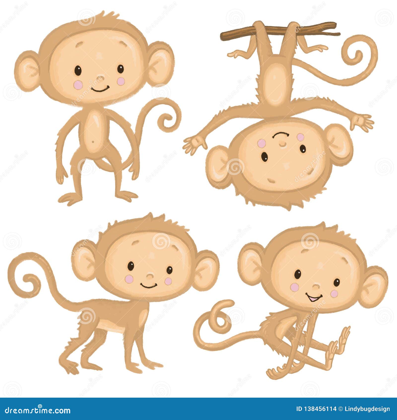 Set of Four Cartoon Monkeys Stock Photo - Image of drawing, decoration ...