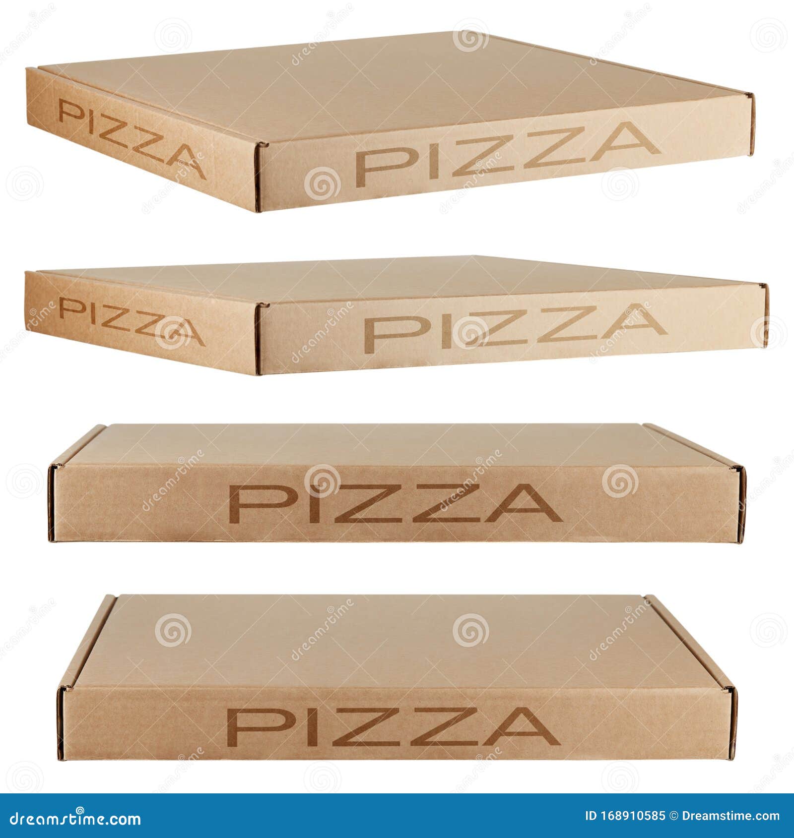 Set of Four Closed Cardboard Pizza Boxes from Different Angles with the ...