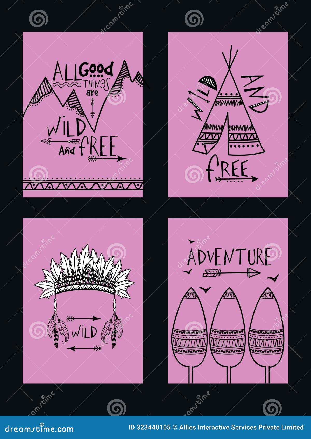 Set of Four Creative Boho Style Cards with Different Ethnic Elements on ...