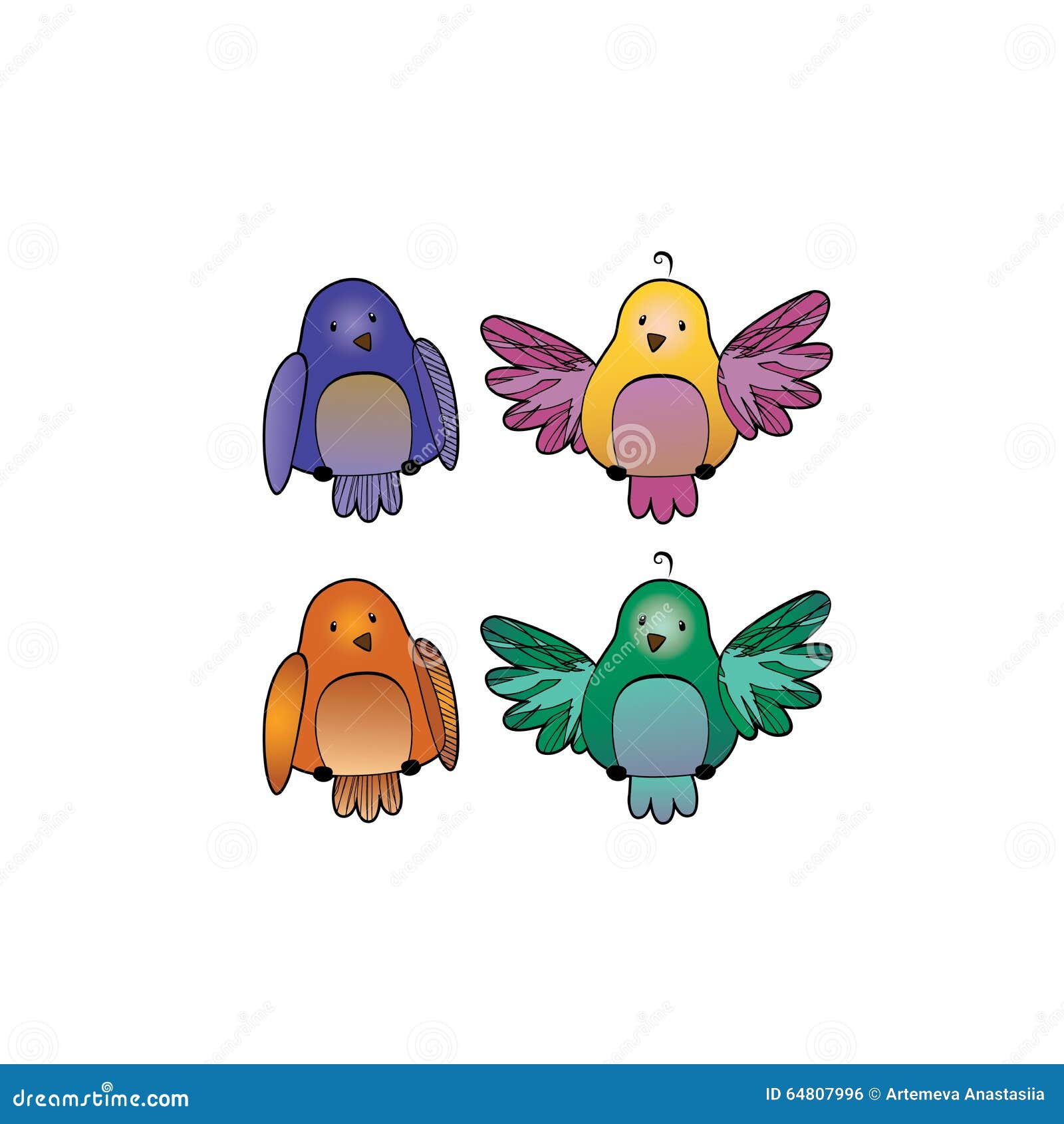 Set of four cute birds stock vector. Illustration of color - 64807996